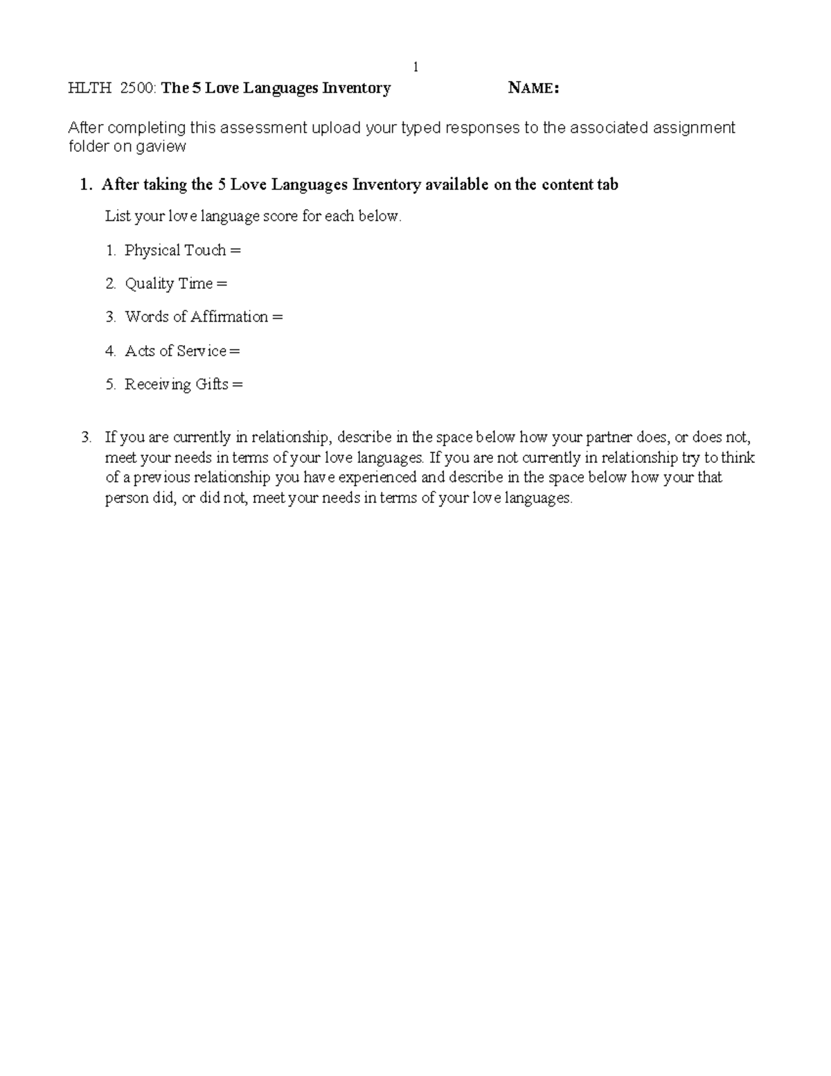 9. LOVE Languages assignment - HLTH 2500: The 5 Love Languages ...