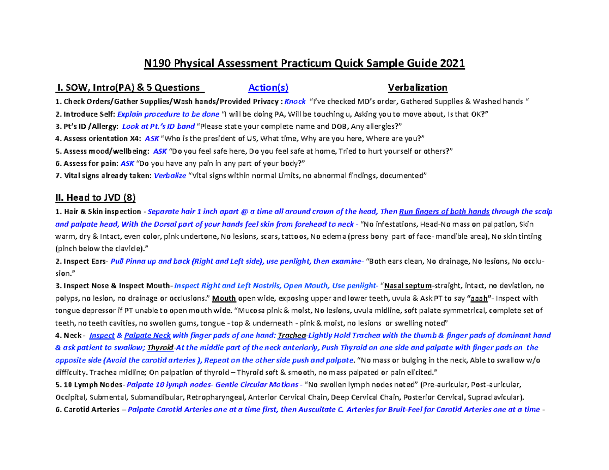 Sample Guide Practicum - N190 Physical Assessment Practicum Quick ...