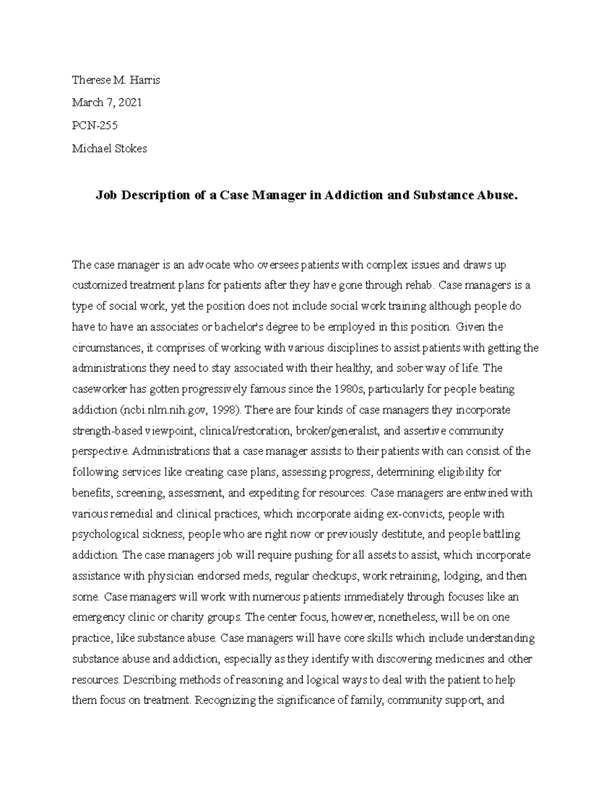 Case Manager Job Description - Therese M. Harris March 7, 2021 PCN ...