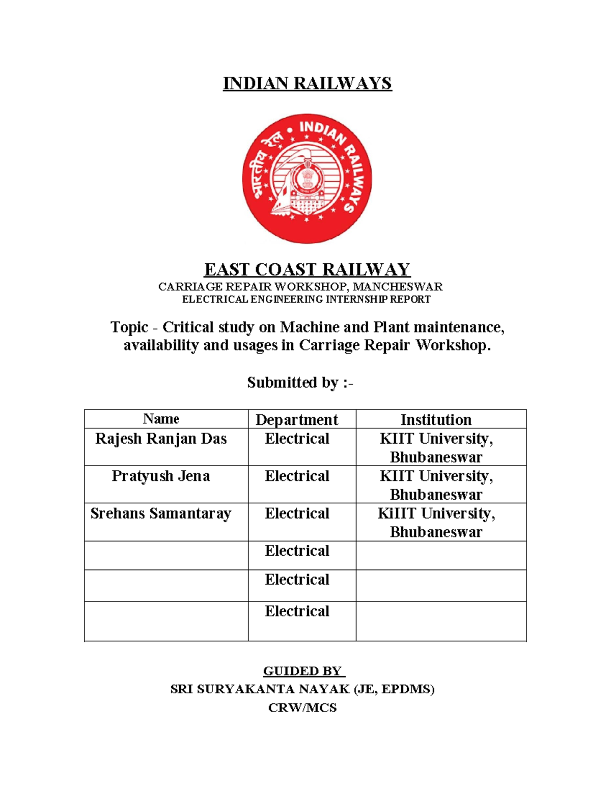 Project Report Railway - INDIAN RAILWAYS EAST COAST RAILWAY ...