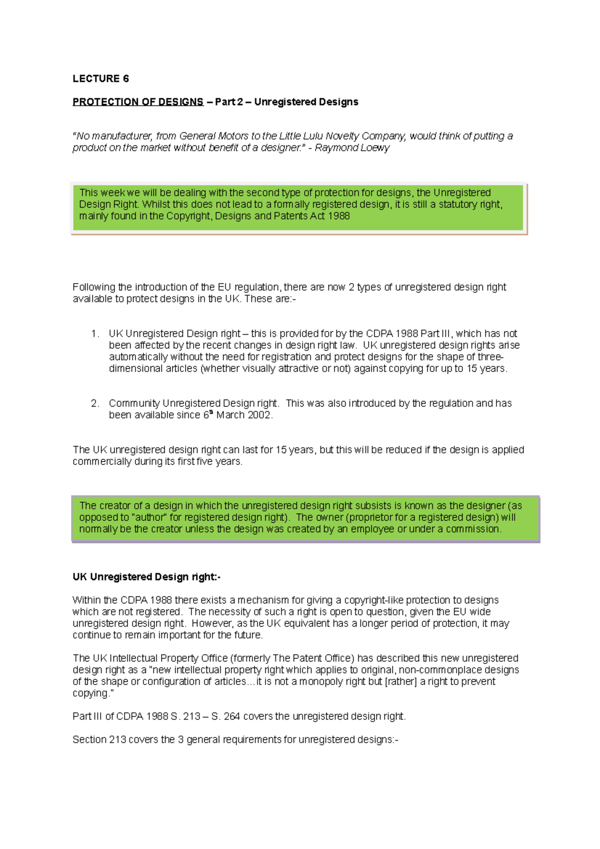 Lecture 6 - Intellectual property - LECTURE 6 PROTECTION OF DESIGNS ...