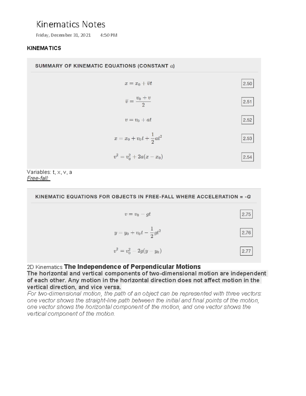 Kinematics Notes - KINEMATICS Variables: t, x, v, a Free-fall: 2D ...