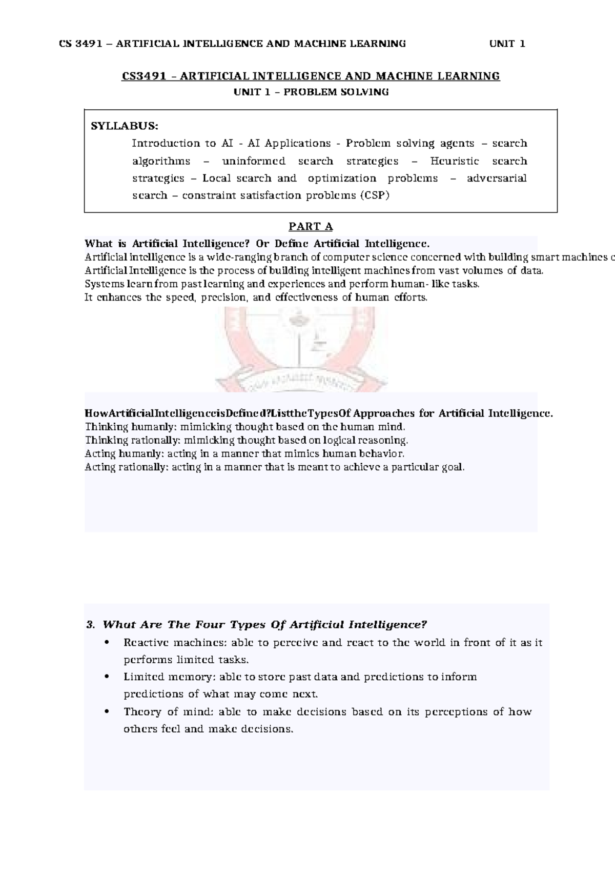 Cs 3491 Aiml Unit 1 Notes Syllabus Introduction To Ai Ai Applications Problem Solving