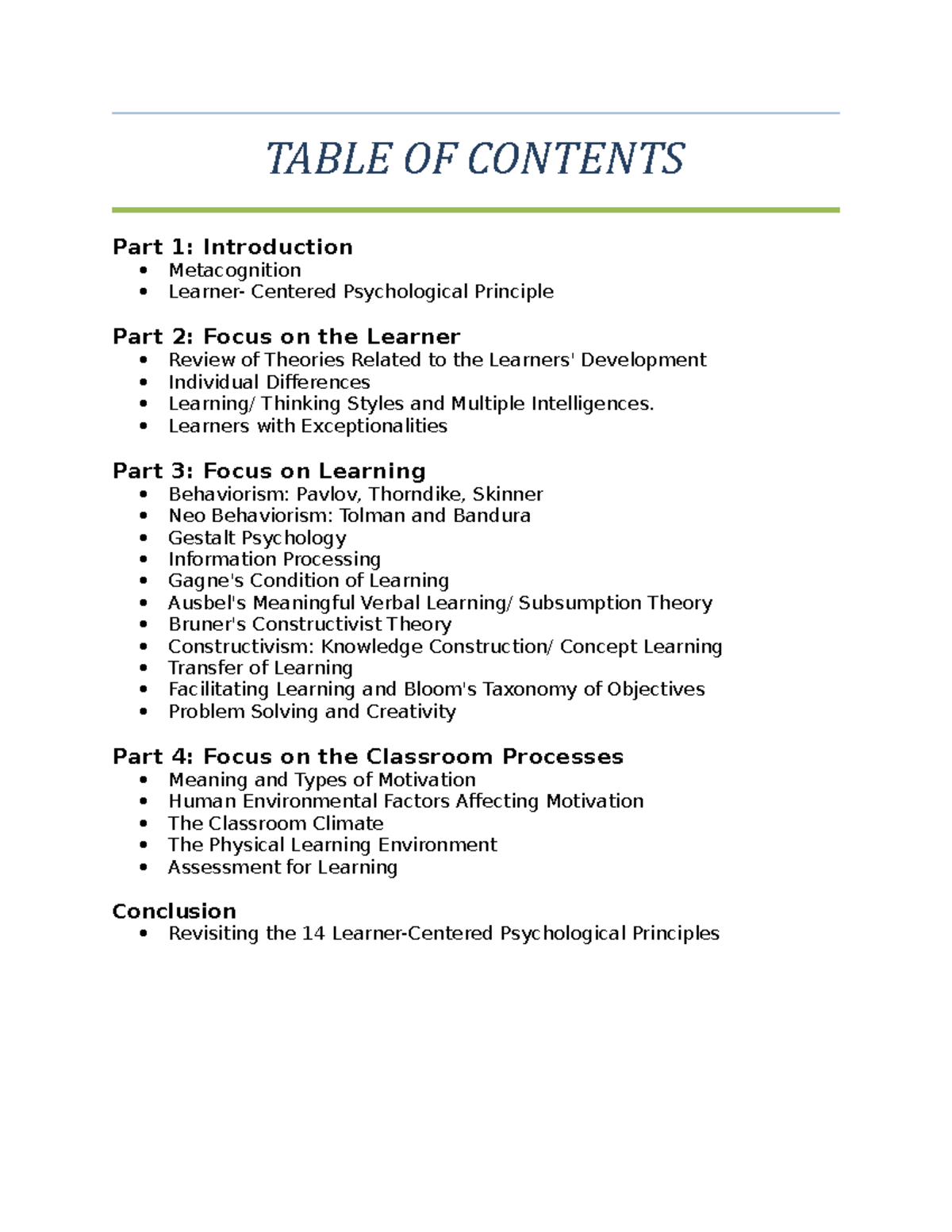 Tableof contents - For education students - TABLE OF CONTENTS Part 1 ...