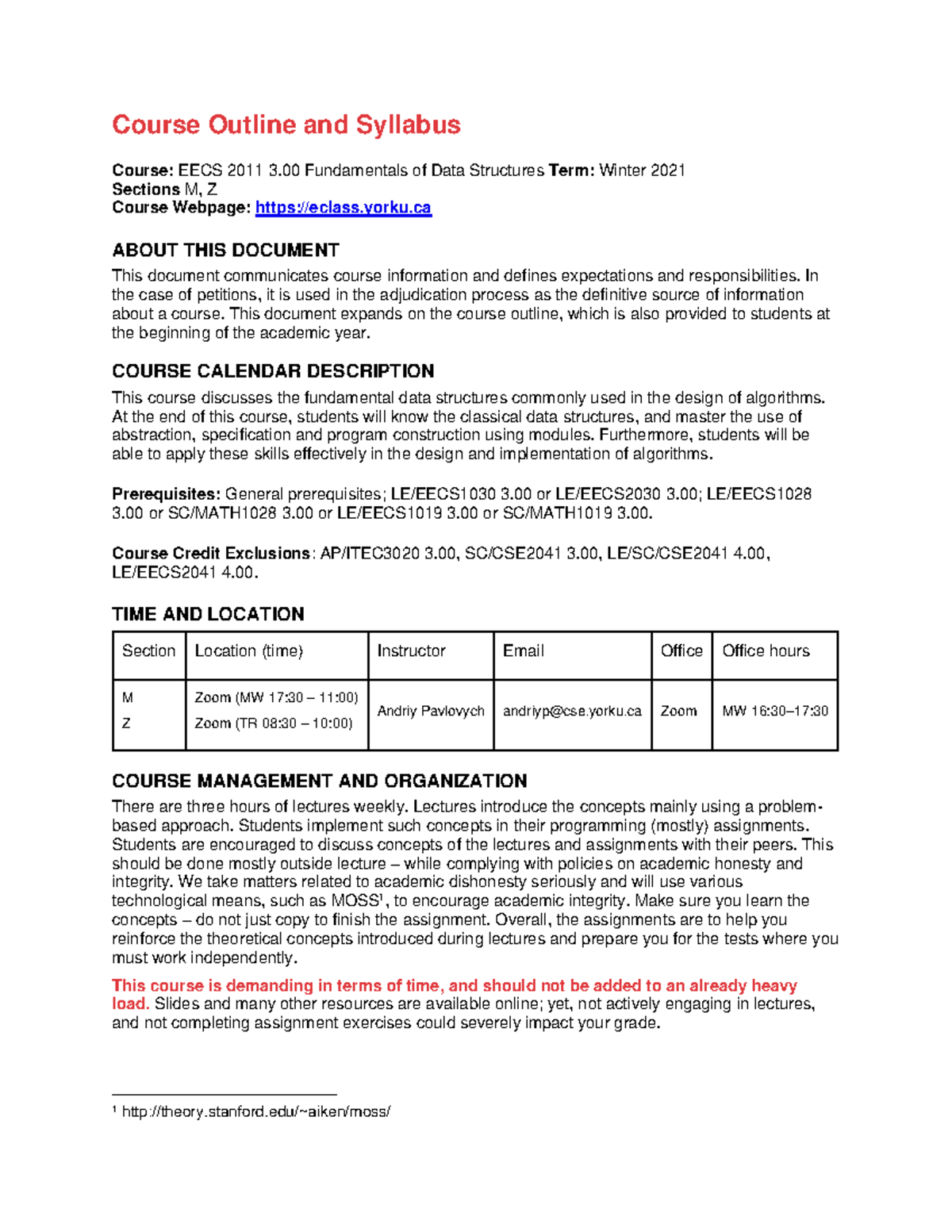 EECS 2011 Course Outline - Course Outline and Syllabus Course: EECS 2011 3 Fundamentals of Data ...