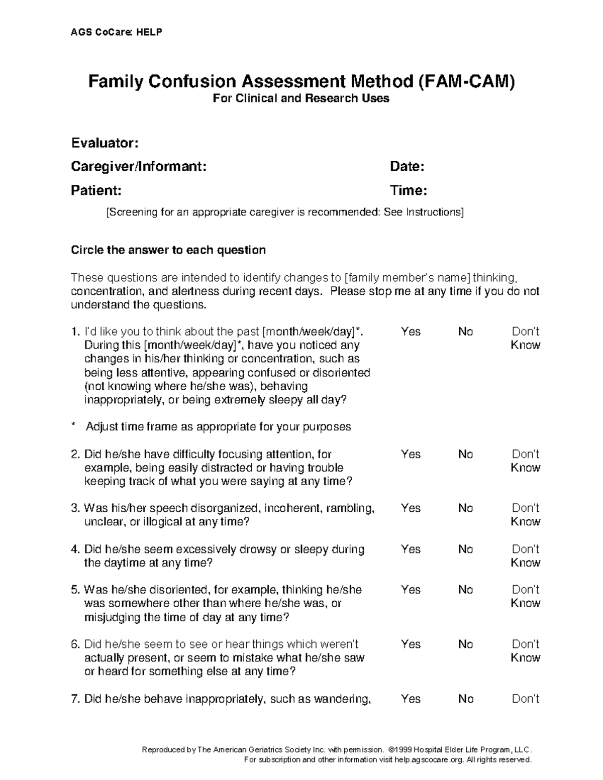 FAM-CAM English - DELIRIUM - Family Confusion Assessment Method (FAM ...