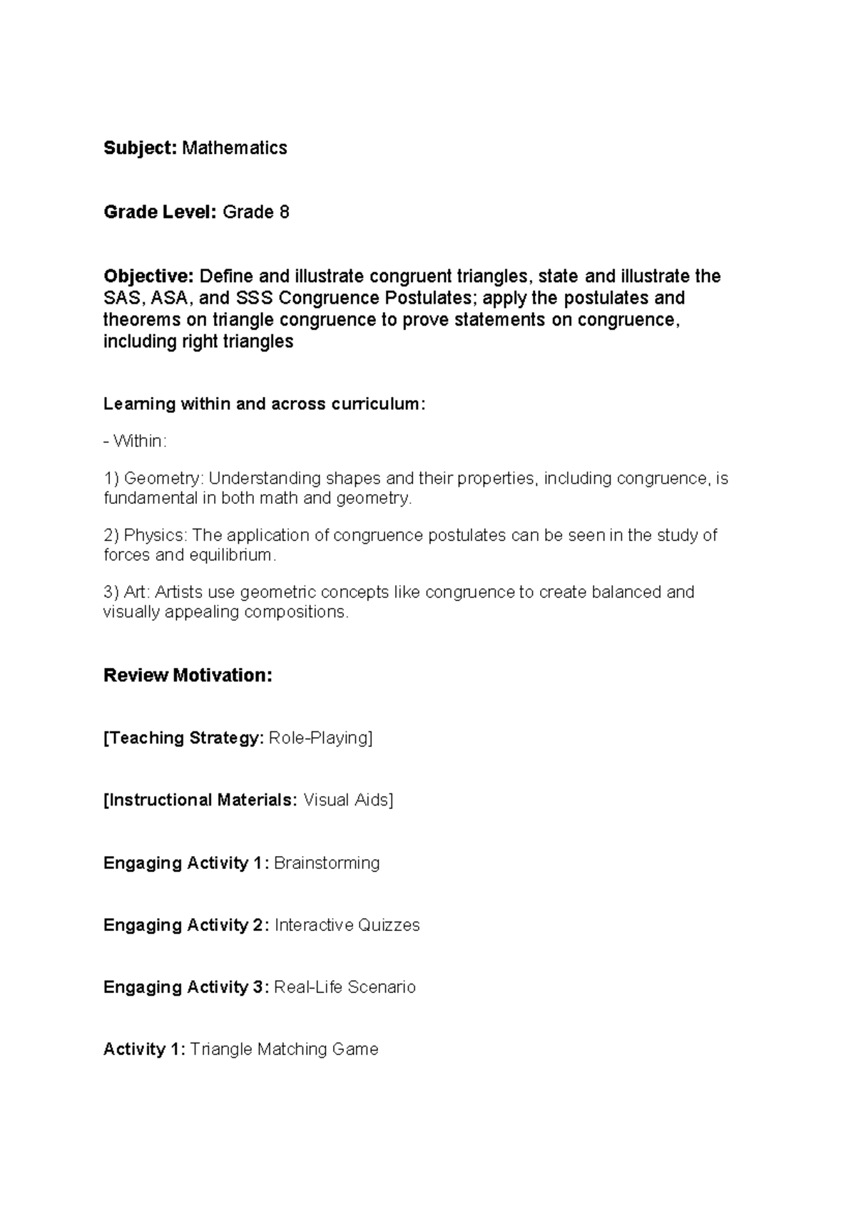 Lesson plan - Subject: Mathematics Grade Level: Grade 8 Objective ...