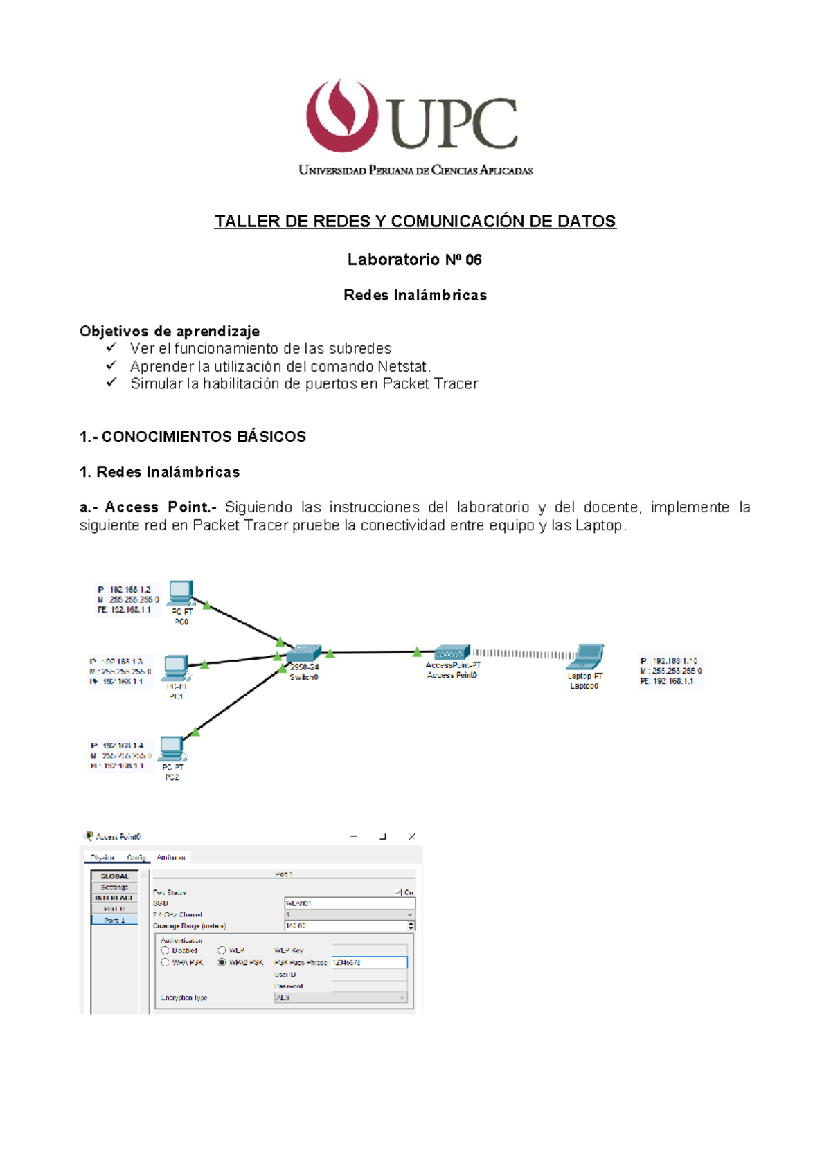 Laboratorio No 6 - Redes Inalambricas - TALLER DE REDES Y COMUNICACIÓN DE DATOS Laboratorio Nº ...