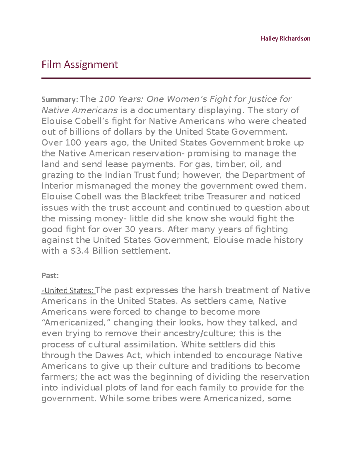 Film Assignment-Richardson - Hailey Richardson Film Assignment Summary ...