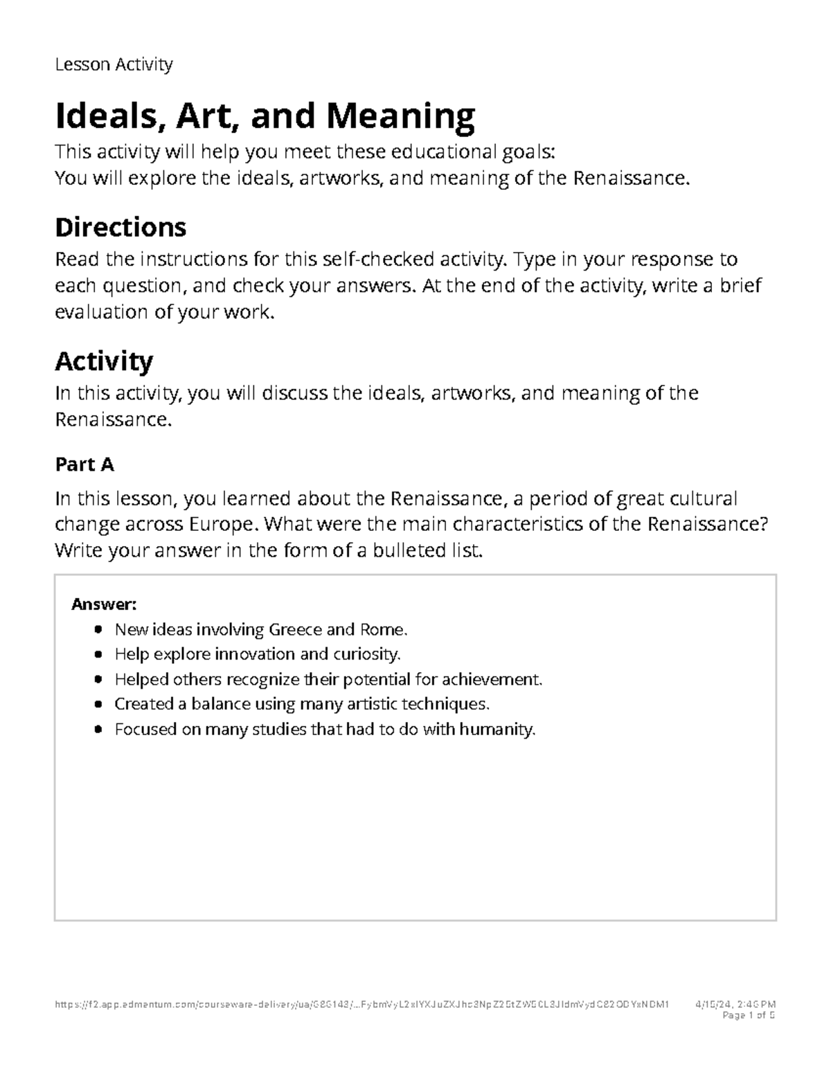 Renaissance Culture- Tutorial - Lesson Activity Ideals, Art, and ...