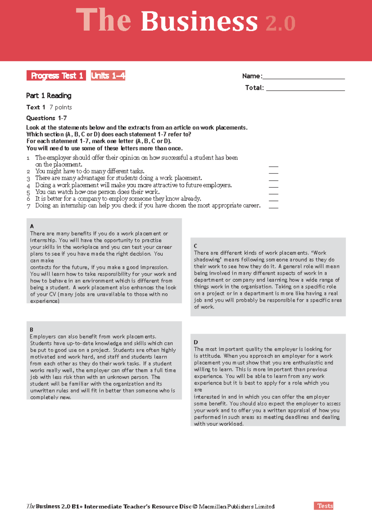 Progress test 1 - Business English - 2 B1+ Intermediate Teacher’s ...