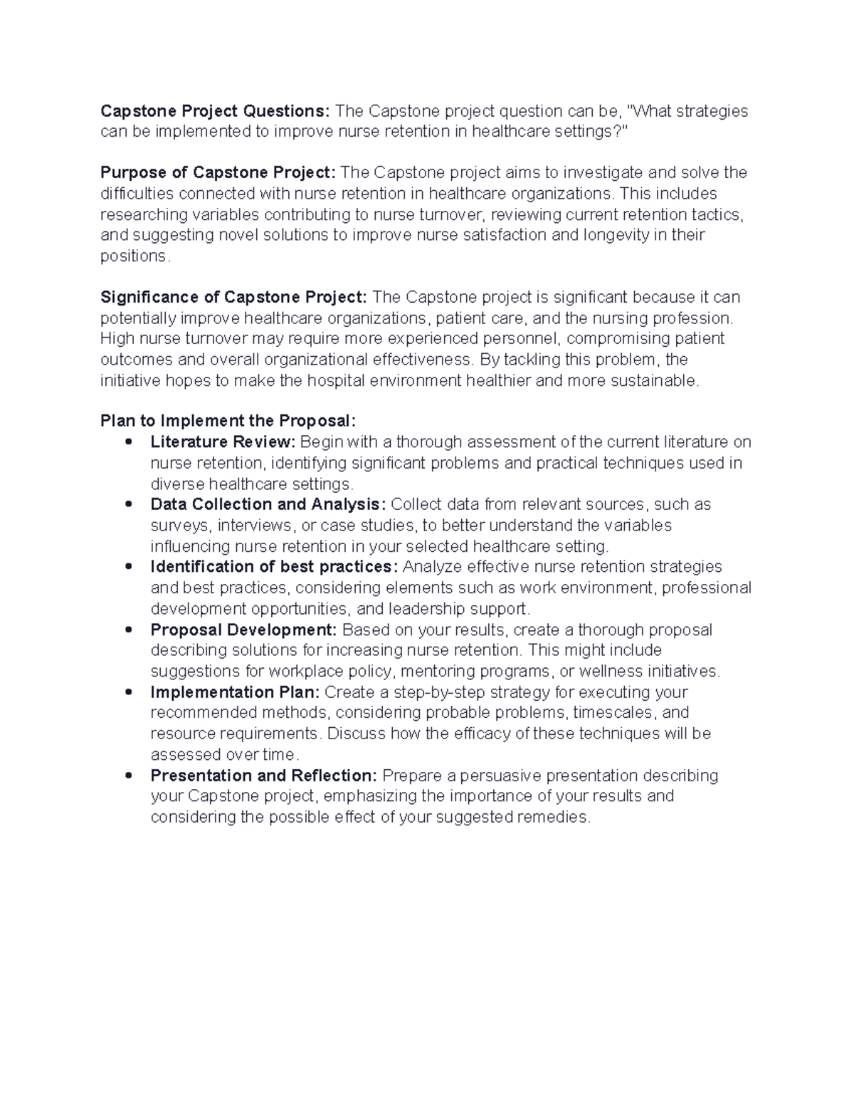 BSN 485 Picot Question, Implementation Plan and Presentation and Reflection - Capstone Project ...