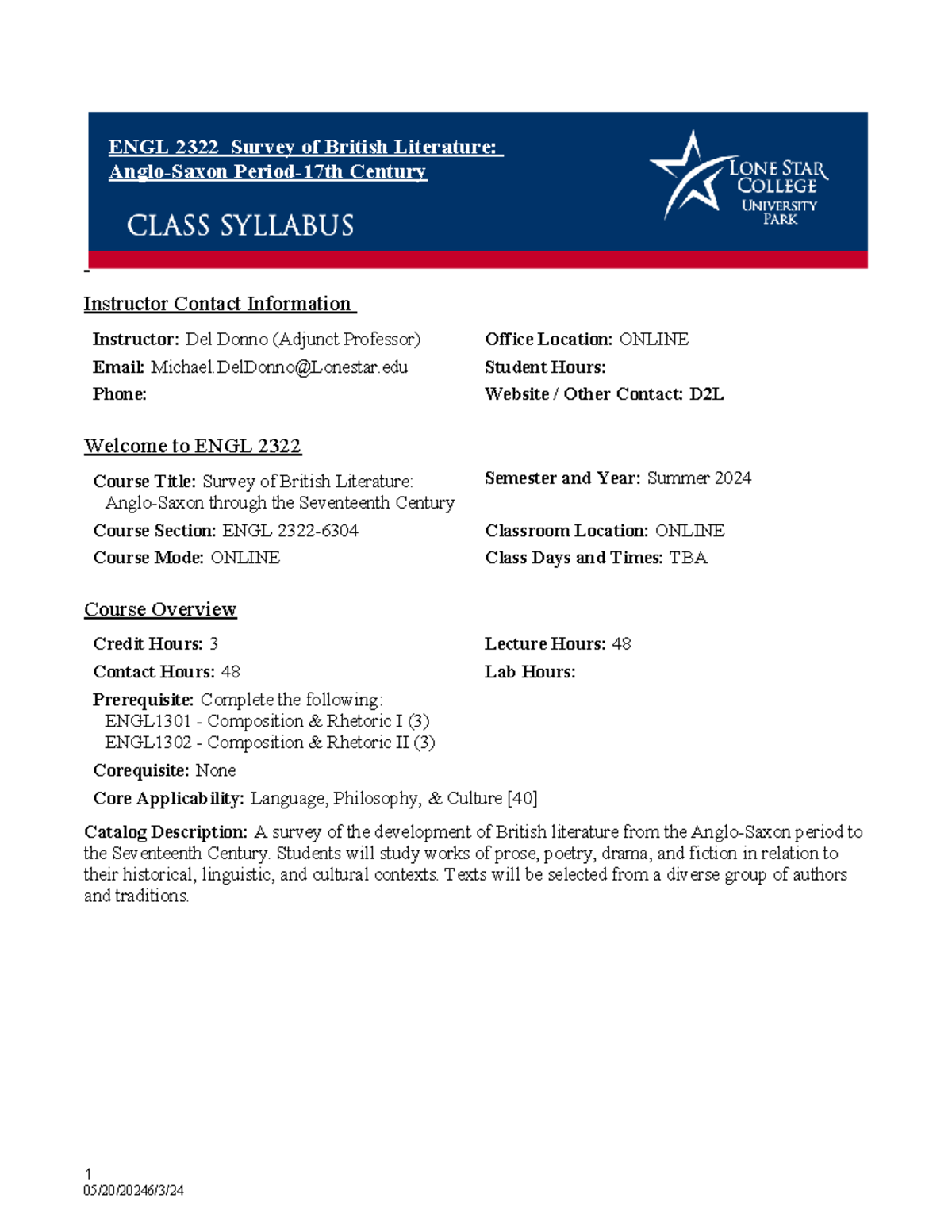 Syllabus British Lit Online SM1 2024 - Instructor Contact Information ...