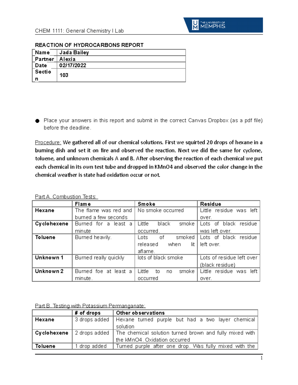 Exp+2 - Lab report - REACTION OF HYDROCARBONS REPORT Name Jada Bailey ...