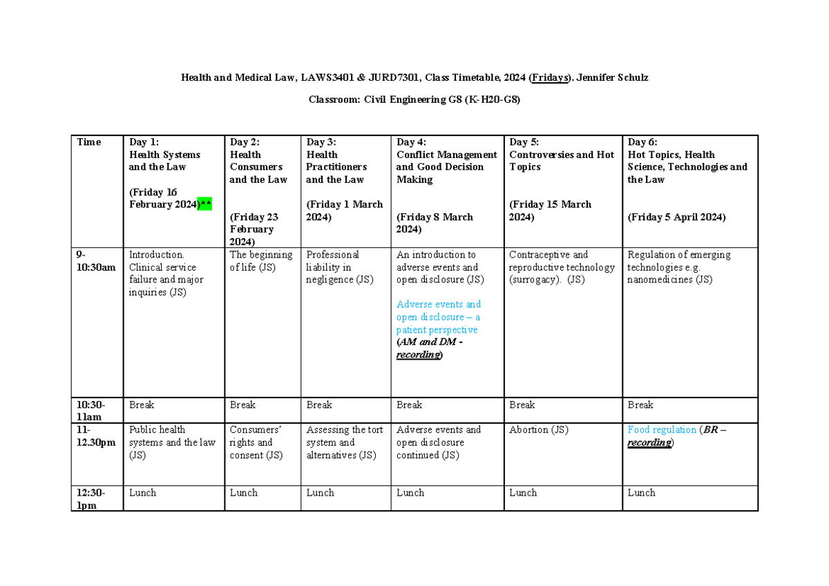 Timetable Class Schedule Fridays - Health and Medical Law, LAWS3401 & JURD7301, Class Timetable ...
