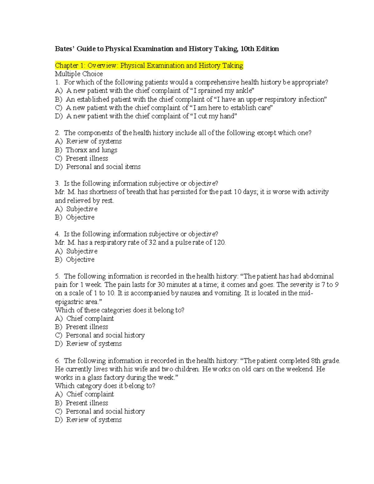 Bates qs 12346712 copy - Question - Bates’ Guide to Physical ...