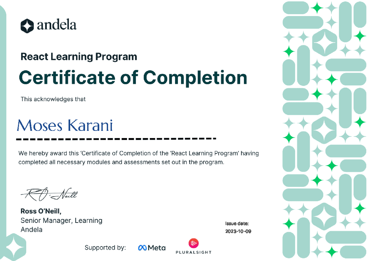 Andela cert - certificate - Catering and accommodation - andela React Learning Program ...