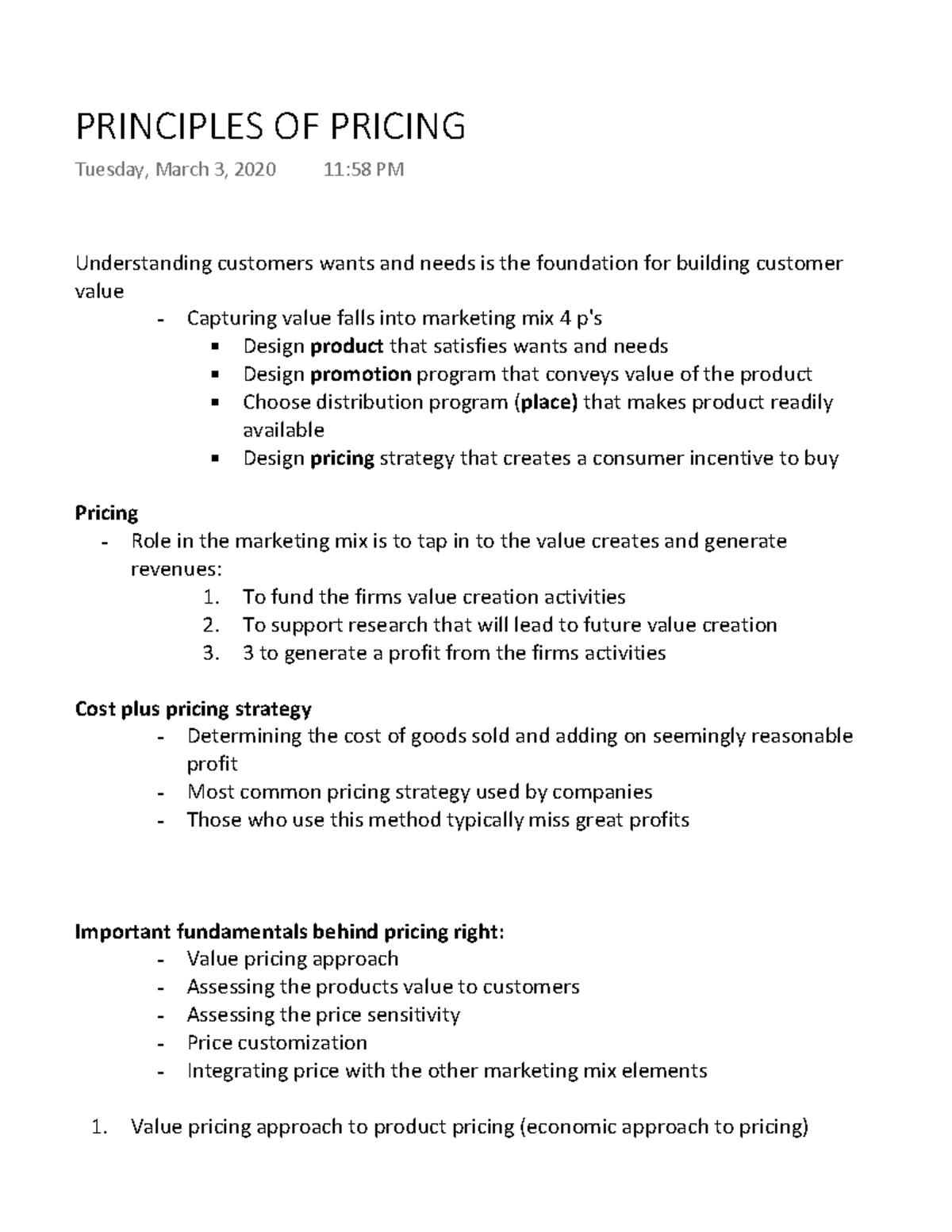 Week 7 Principles OF Pricing - Understanding customers wants and needs ...