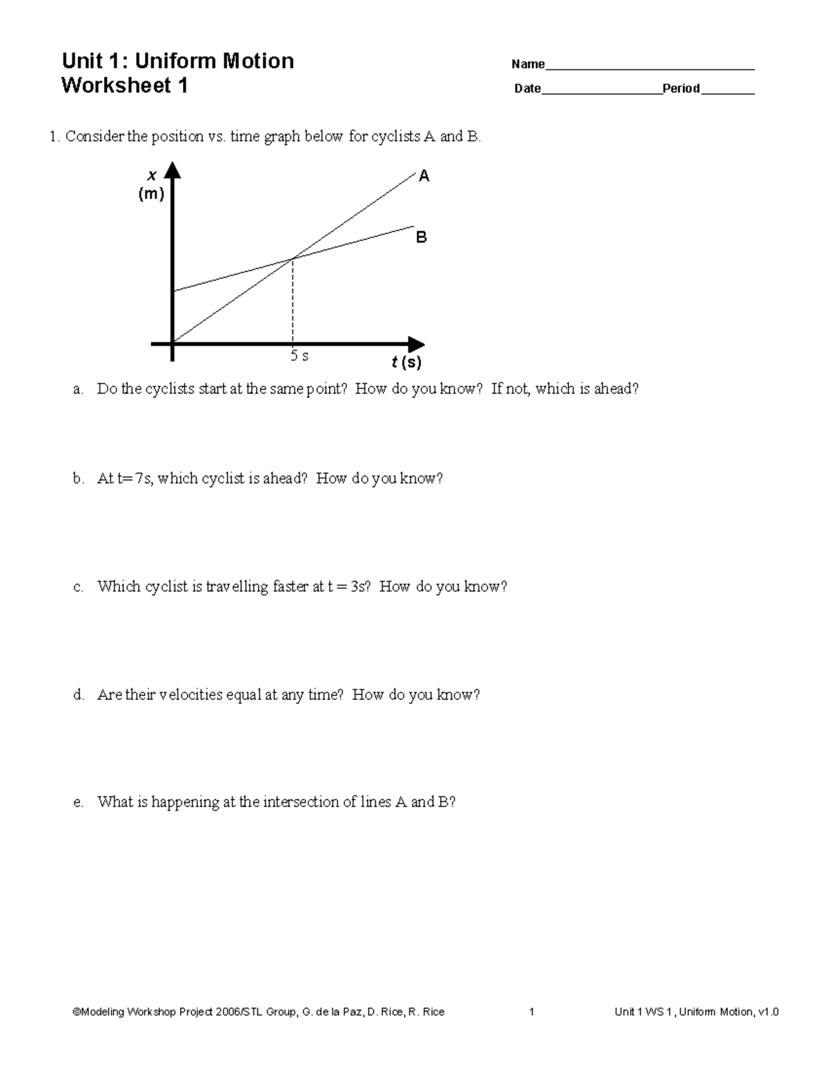 AP Uniform Motion Worksheets - ####### ©Modeling Workshop Project 2006 ...
