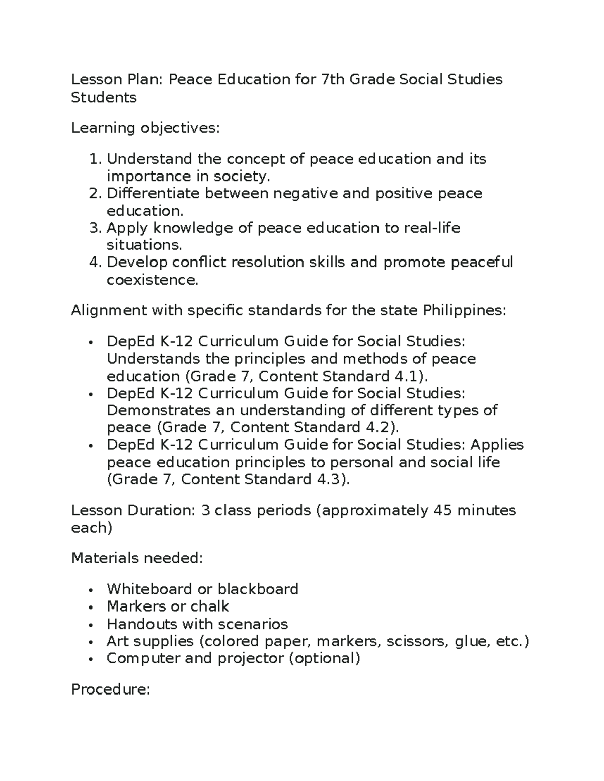 Peace Education Lesson 1-Sample activities - Lesson Plan: Peace ...