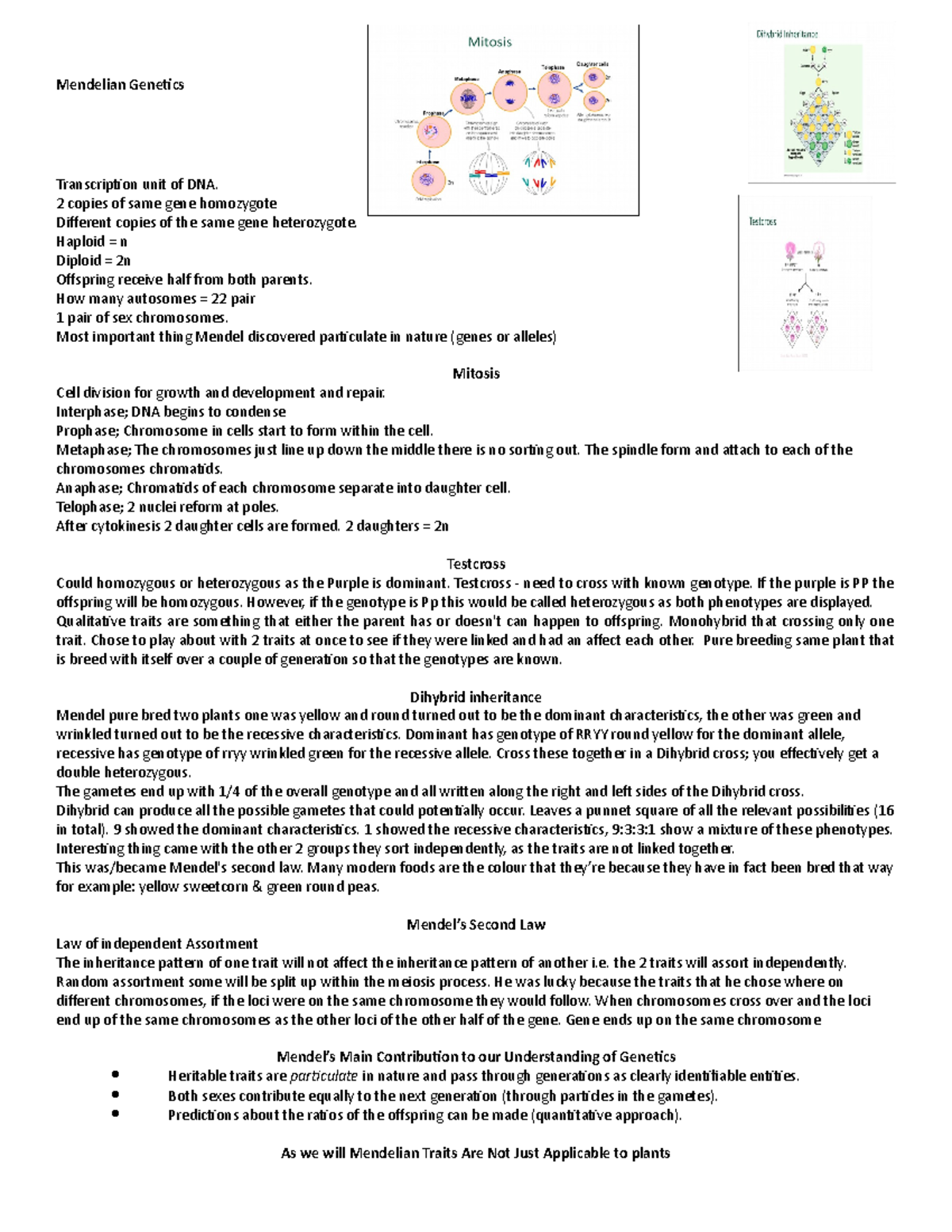 Mendelian Genetics 2 - Lecture notes 2 - Mendelian Genetics ...