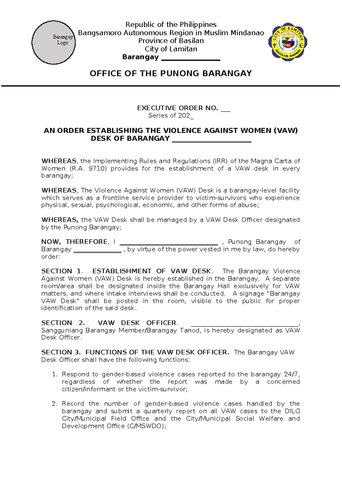 EO - VAW Desk - Barangay Logo Republic of the Philippines Bangsamoro ...