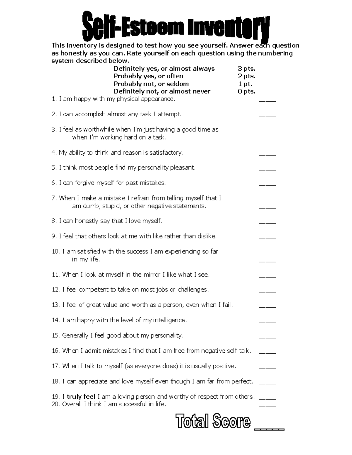 Self-esteem inventory-Hyperdoc - This inventory is designed to test how ...