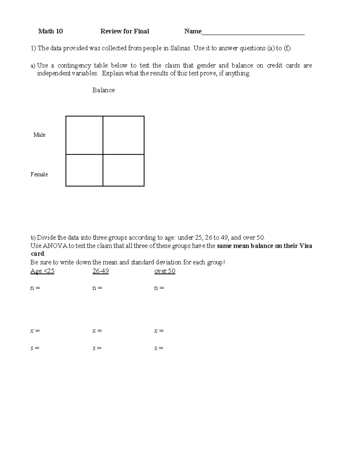 ELEMENTARY STATISTICS Final Exam Review Math 10 Review For Final