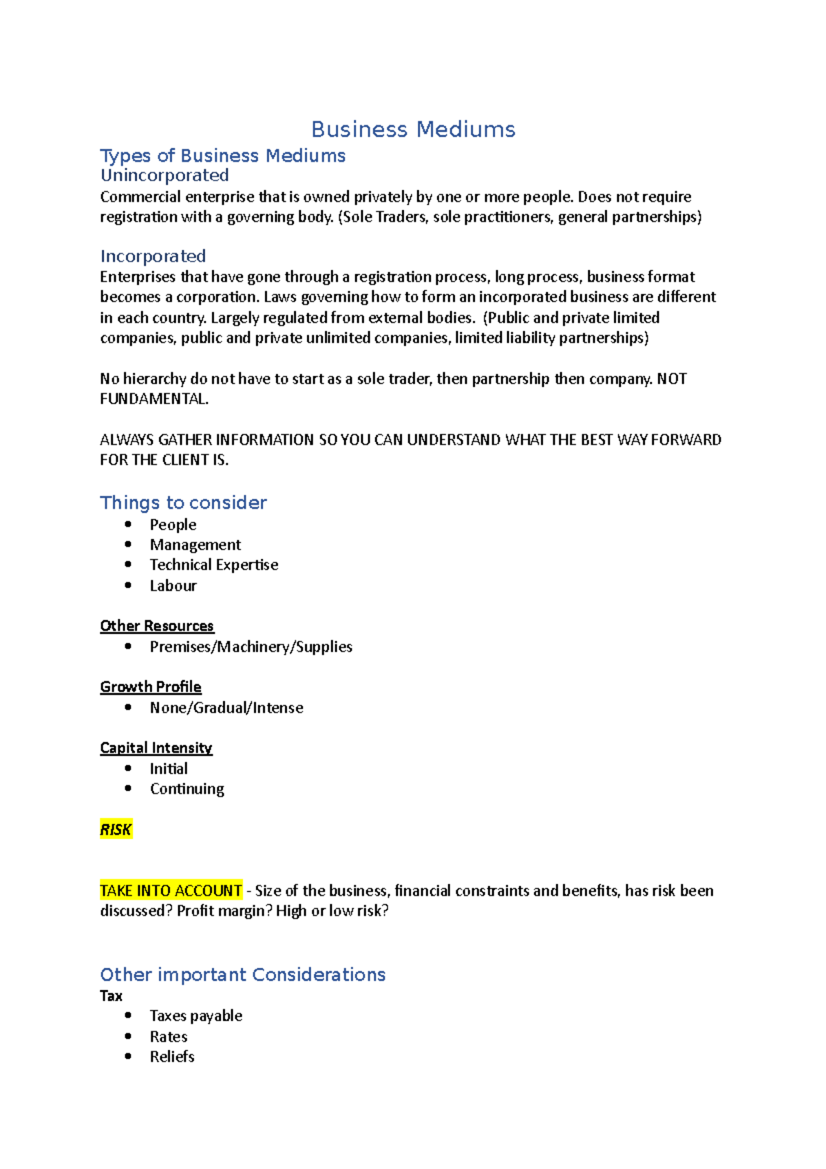 Business Mediums - Lecture 1 notes - Business Mediums Types of Business ...