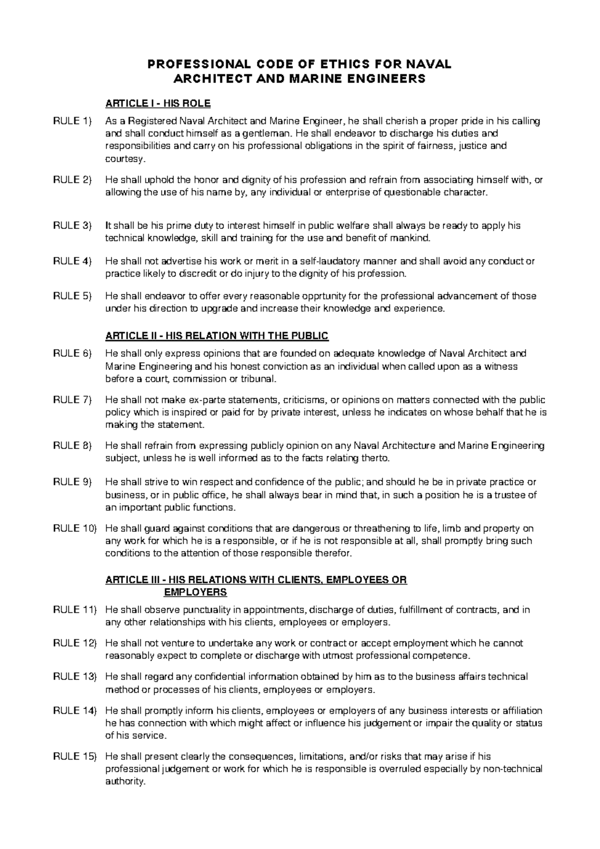 Code-of-Ethics - Code of ethics - ARTICLE I - HIS ROLE RULE 1) As a ...