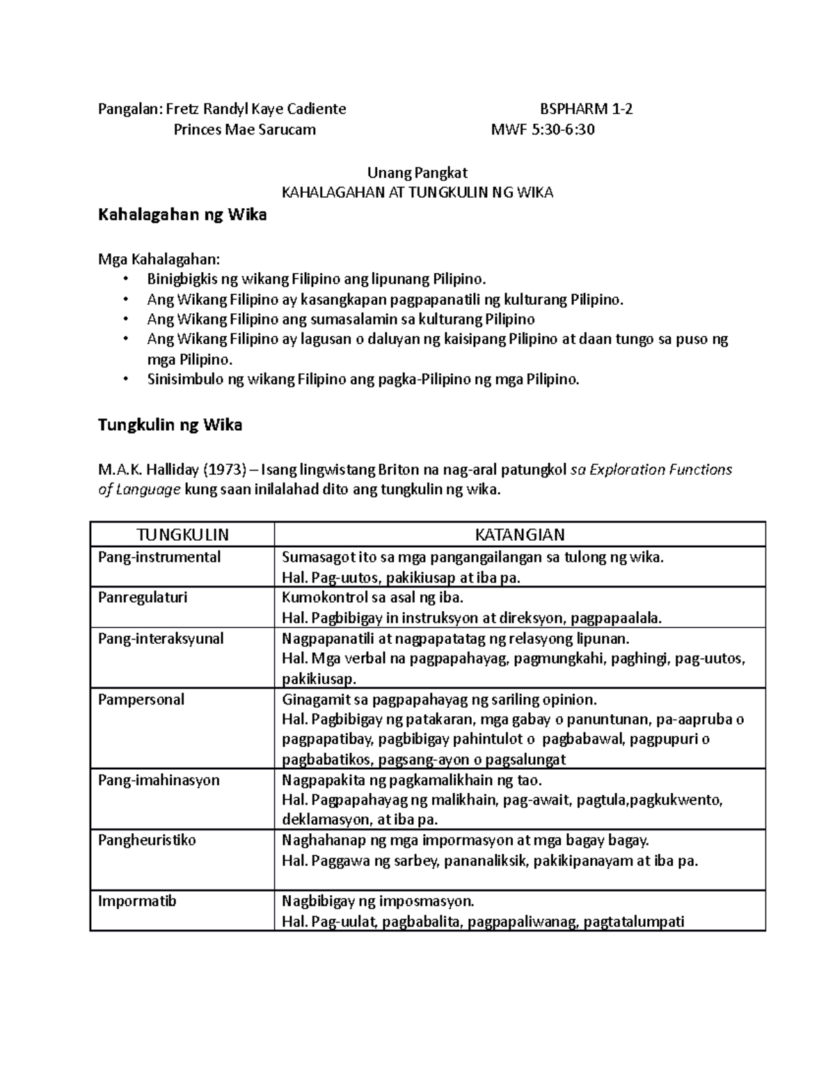 Kahalagahan at tungkulin ng wikang filipino - Pangalan: Fretz Randyl ...