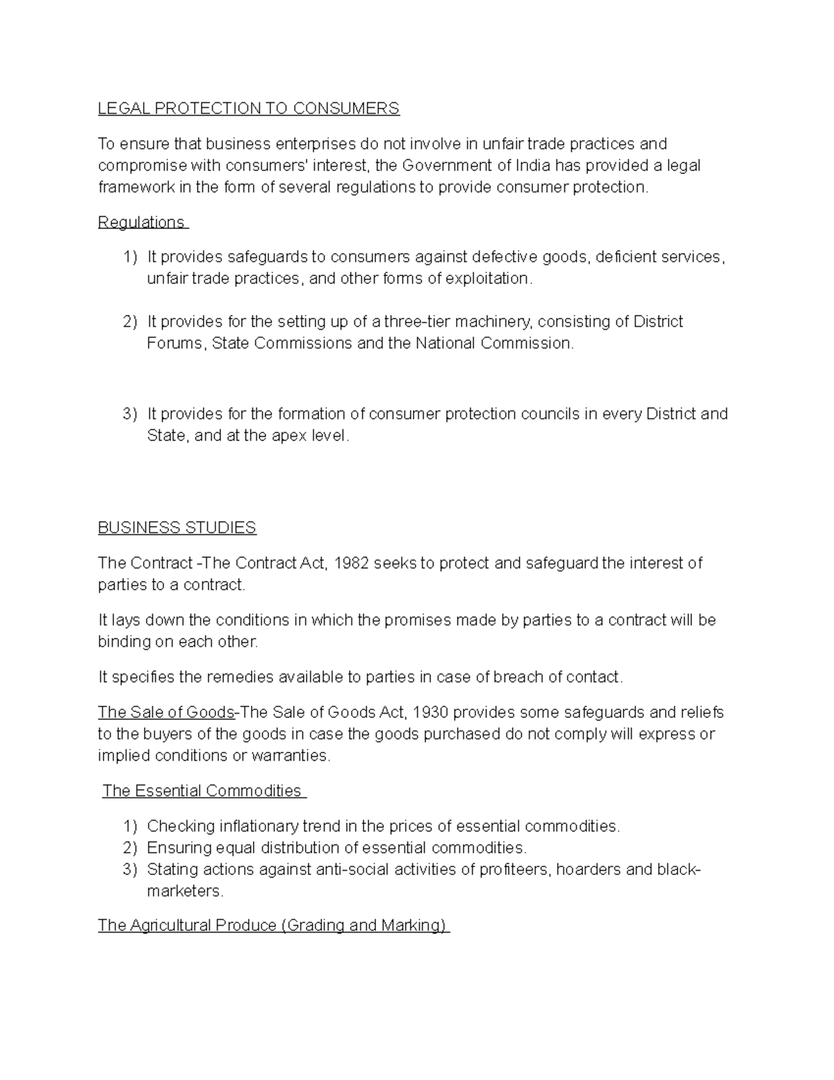 Unorganised consumers - LEGAL PROTECTION TO CONSUMERS To ensure that ...