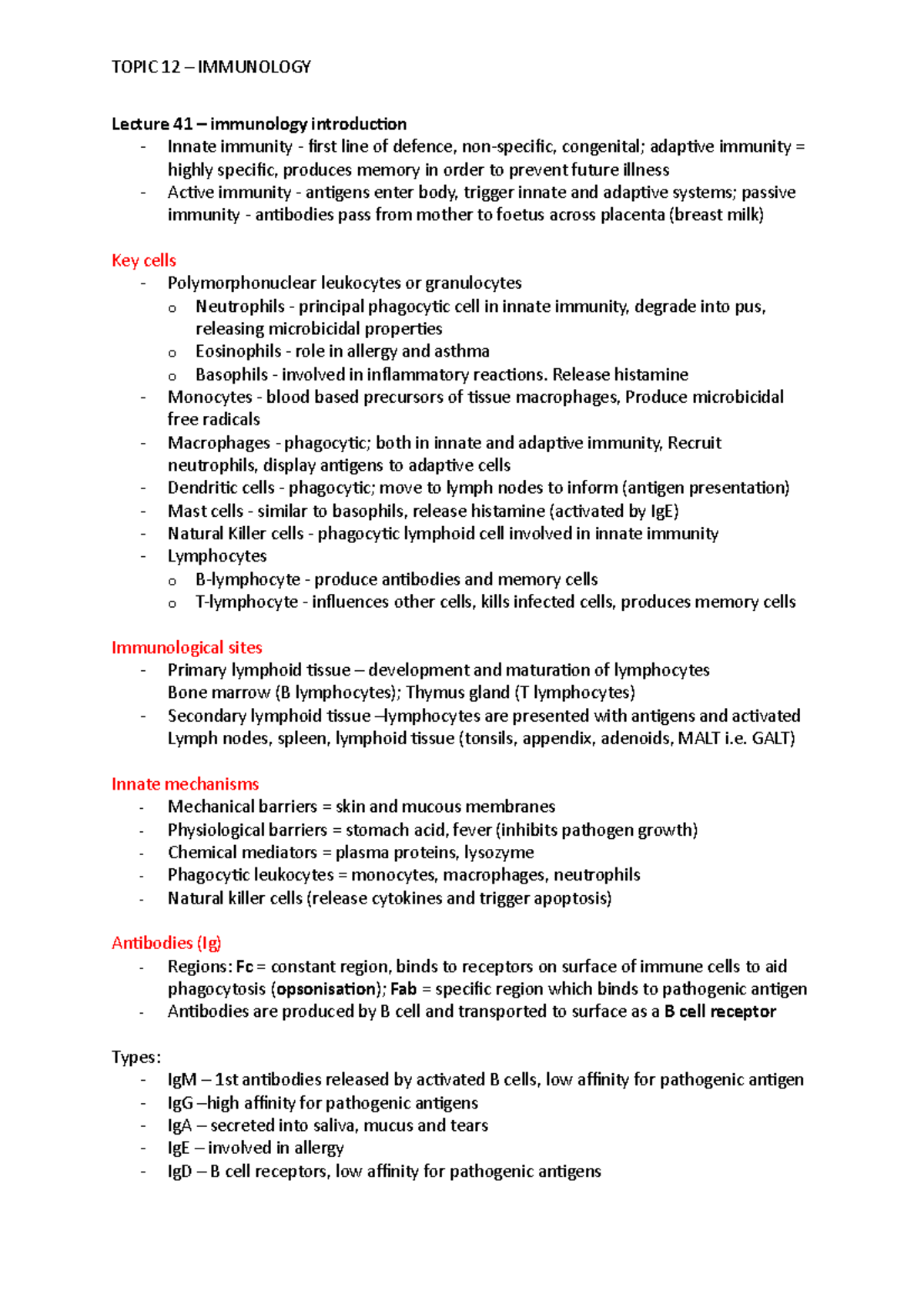 Topic 12 – Immunology - IMS lecture notes - Lecture 41 – immunology ...