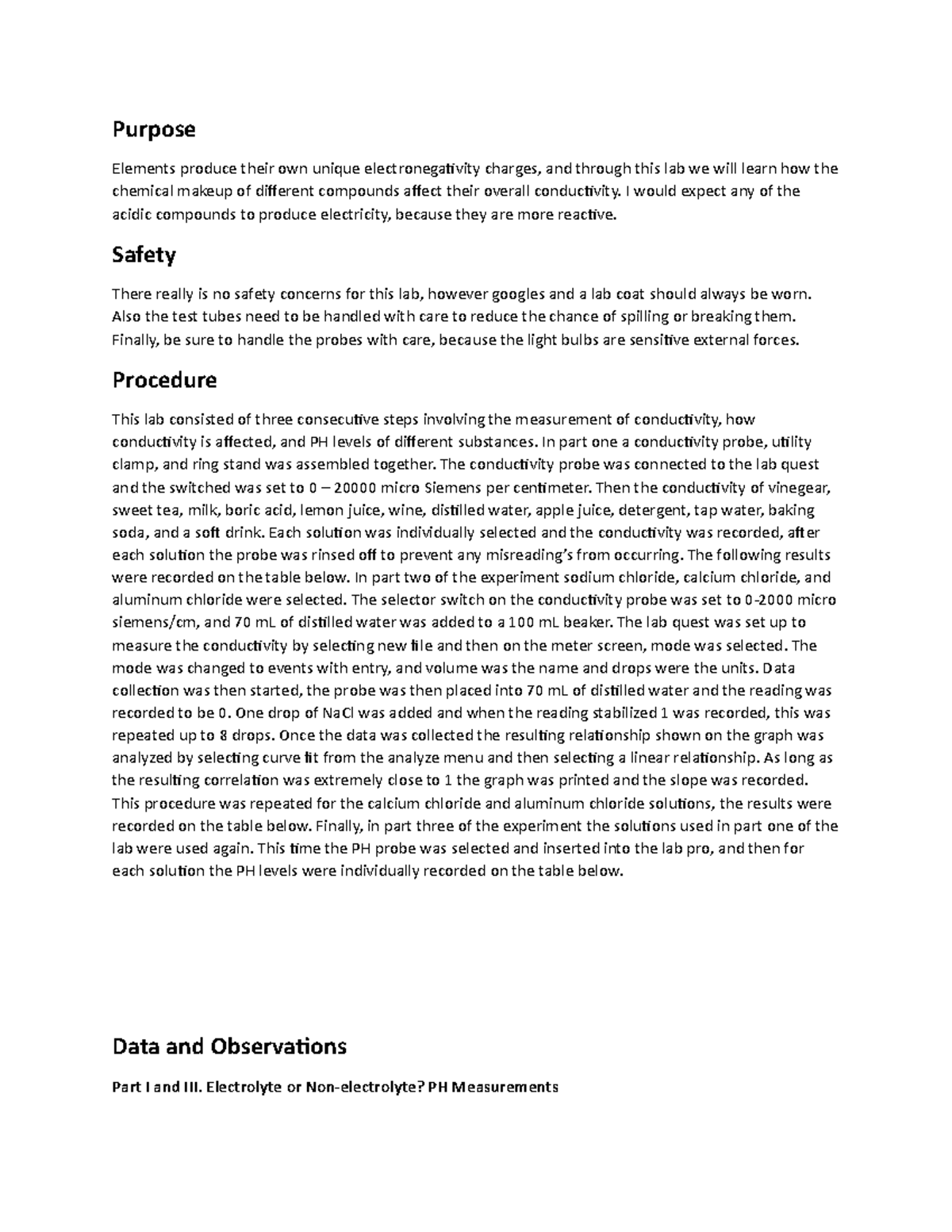 Lab Report for conductivity of salt solutions Example - Purpose ...