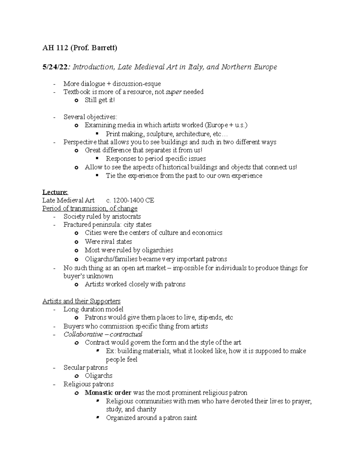 AH112 Lecture 1 - AH 112 (Prof. Barrett) 5/24/22 : Introduction, Late ...