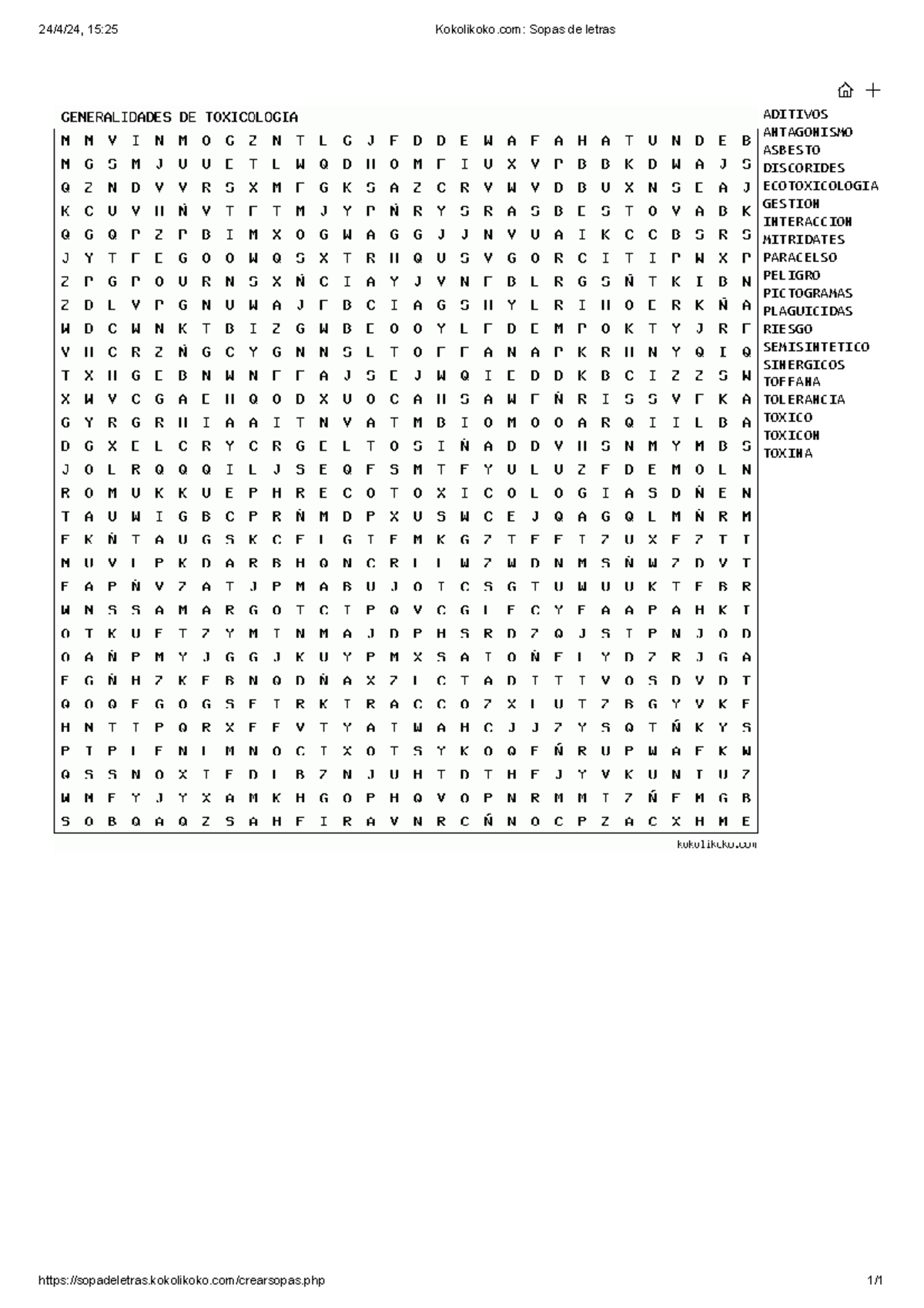 Sopas de letras - Toxicología General - ADITIVOS ANTAGONISMO ASBESTO ...