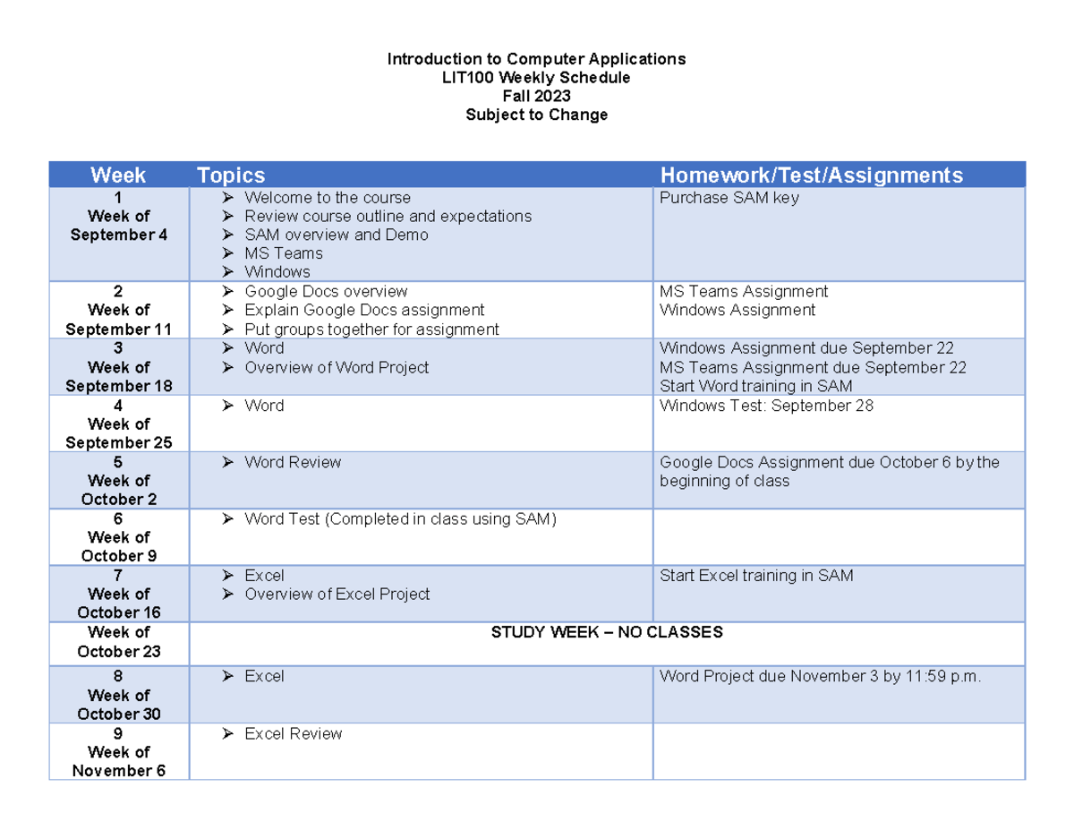 LIT100 Weekly Schedule F23 - Introduction to Computer Applications LIT100 Weekly Schedule Fall ...