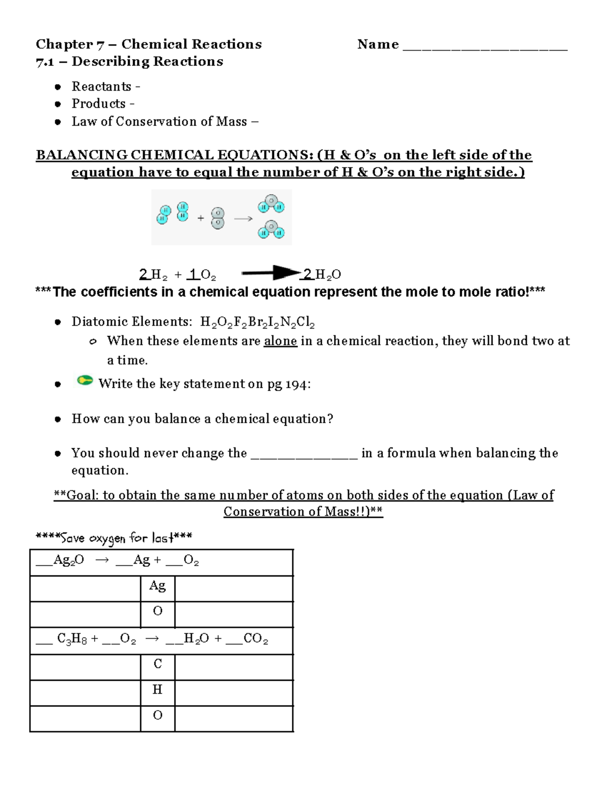 Ch 7 Notes - Chapter 7 – Chemical Reactions Name _________________ 7 ...