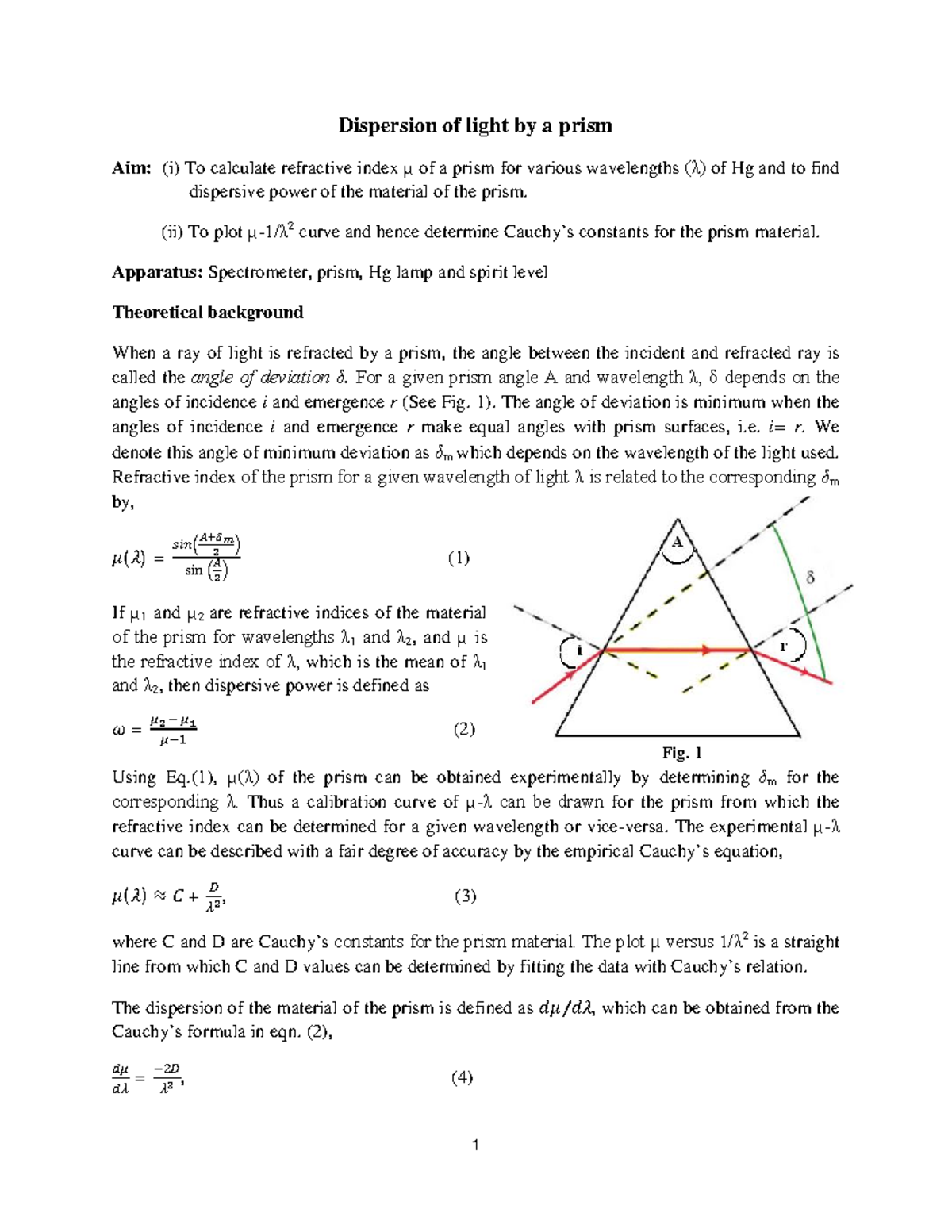 Dispersive Power of Prism - Dispersion of light by a prism Aim: (i) To ...