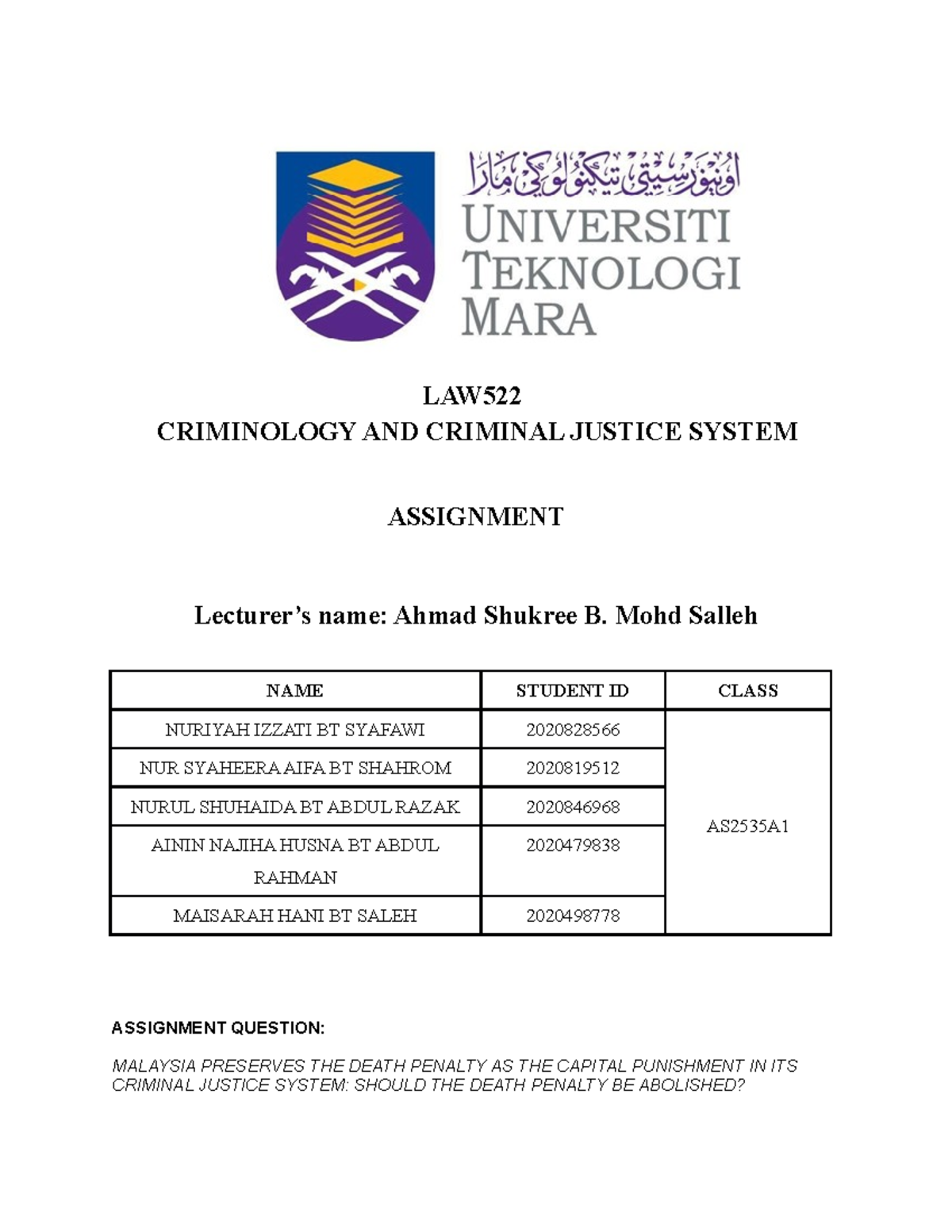 LAW522 Assignment - TUTORIAL CHAPTER 1 ON ACTUS REUS - LAW CRIMINOLOGY ...