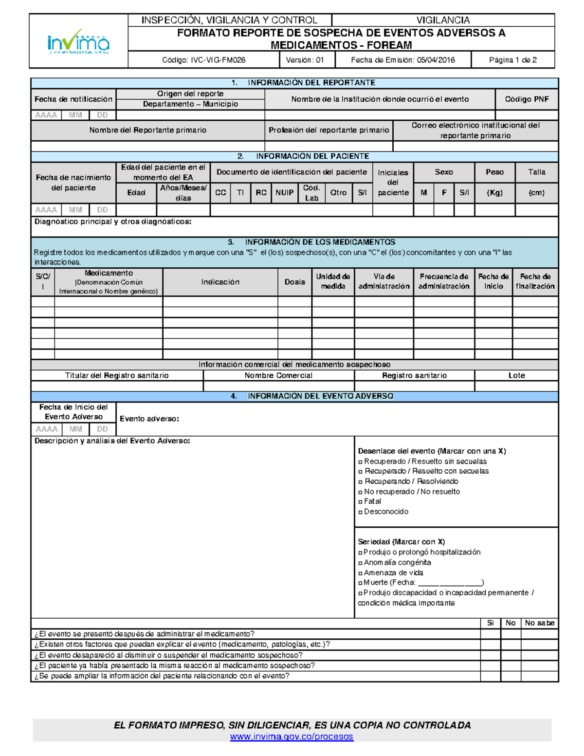 IVC VIG FM026 reporte de evento adverso - INSPECCIÓN, VIGILANCIA Y ...