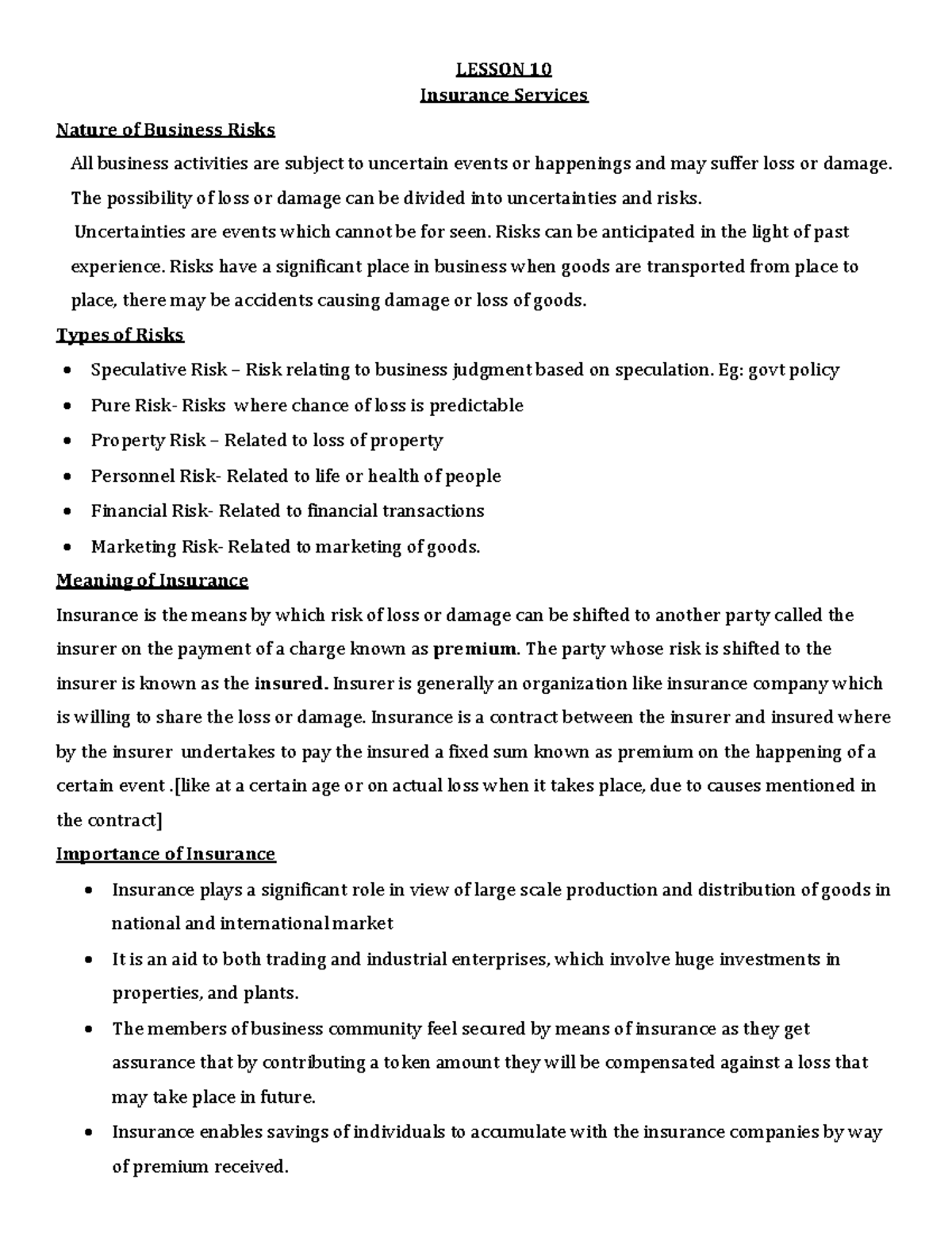 Lesson 10 - Insurance Services - LESSON 10 Insurance Services Nature of ...