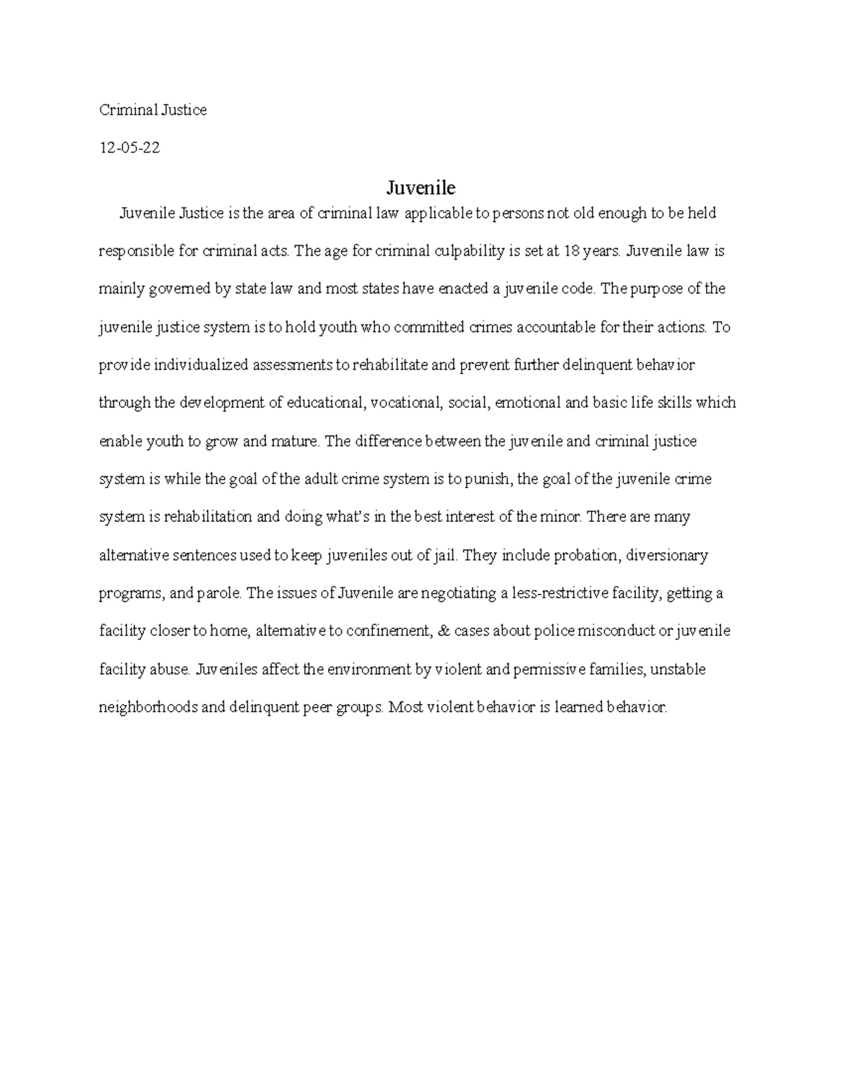 Mini Project; Juvenile - Criminal Justice 12-05- Juvenile Juvenile ...