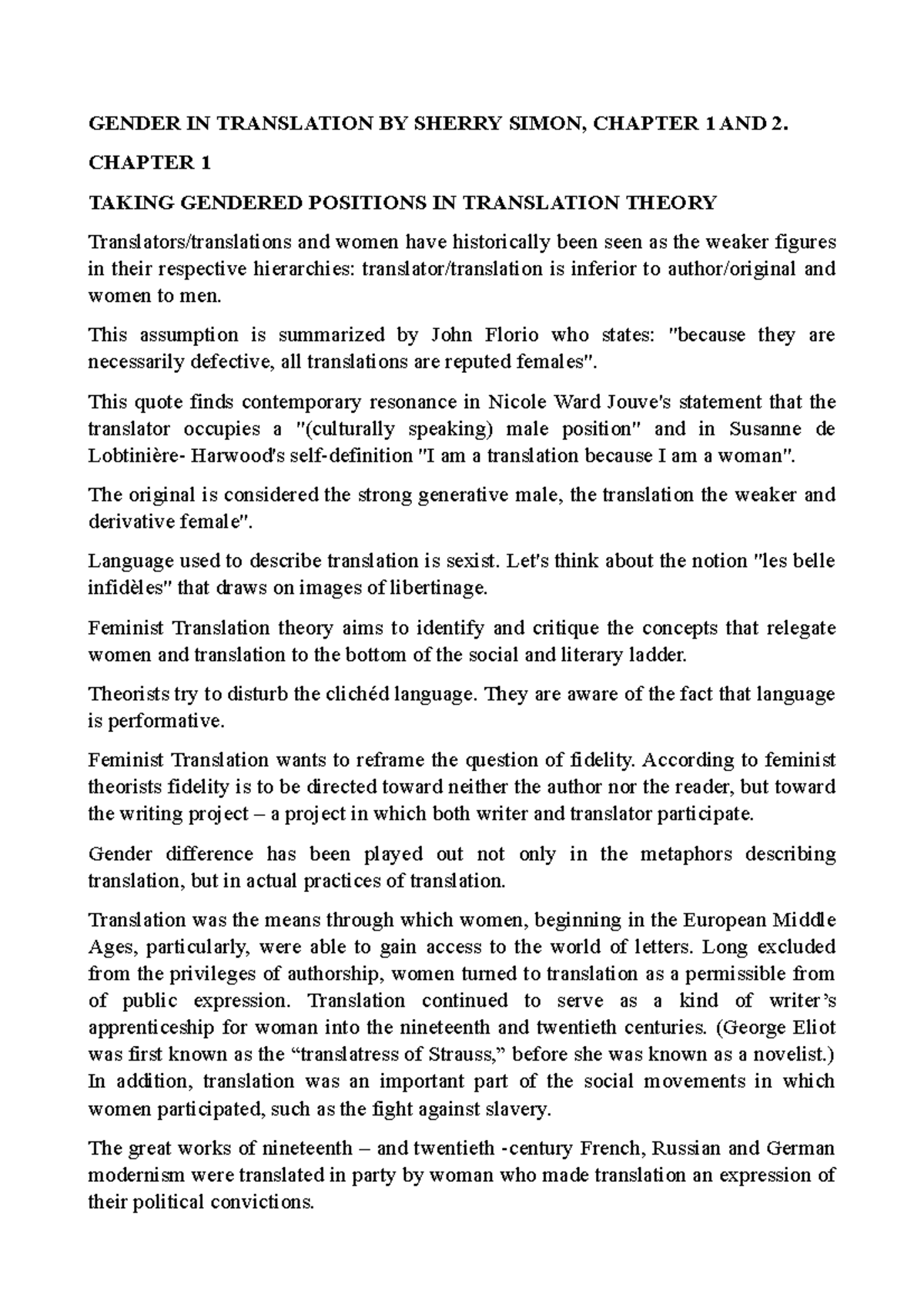 Gender in translation Summary Chapter 1 AND 2 - GENDER IN TRANSLATION ...