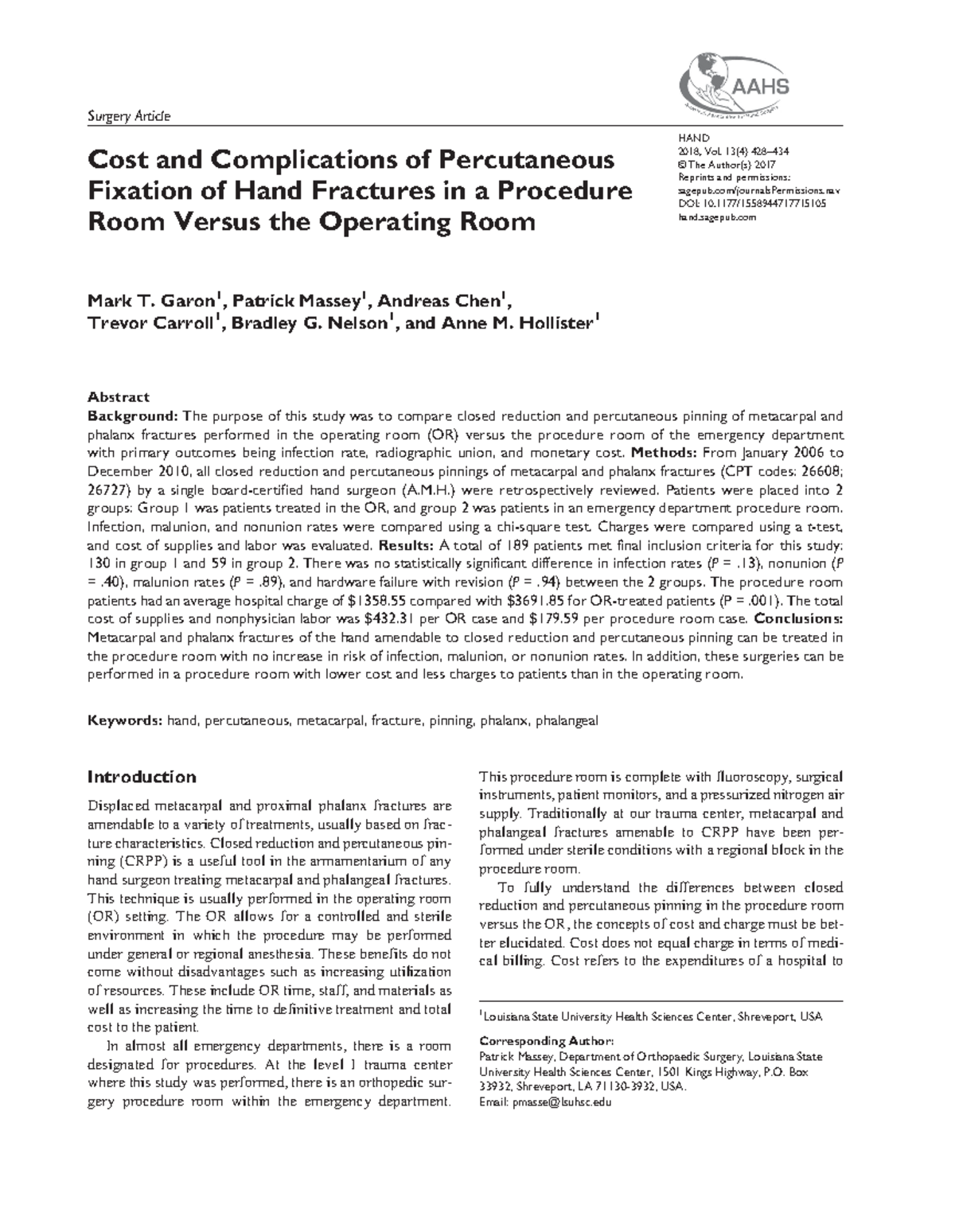 Cost and Complications of Percutaneous Fixation of Hand Fractures in a ...
