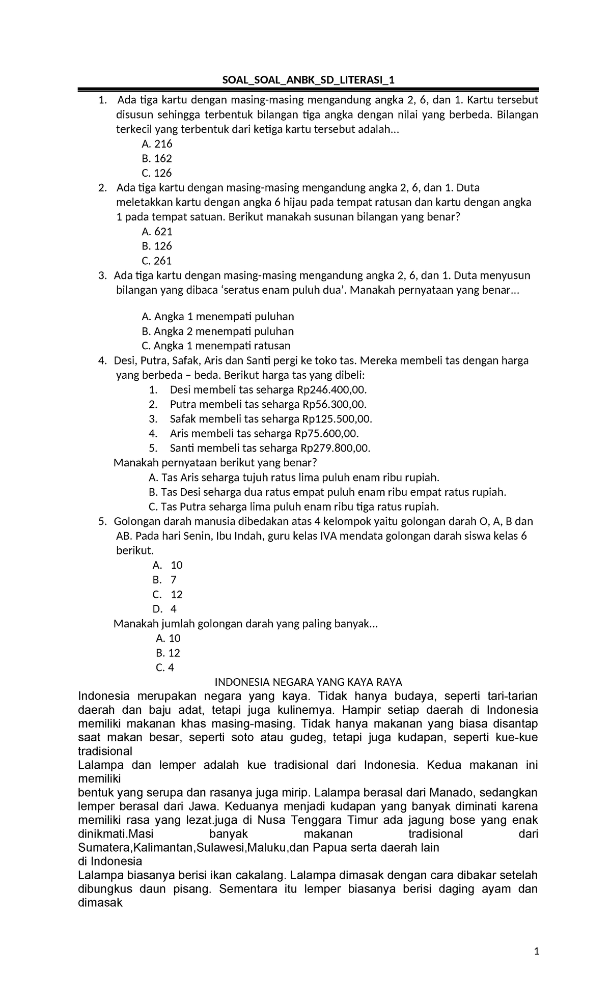 1. SOAL ANBK Paket 1 - kkk - SOAL_SOAL_ANBK_SD_LITERASI_ Ada tiga kartu dengan masing-masing ...