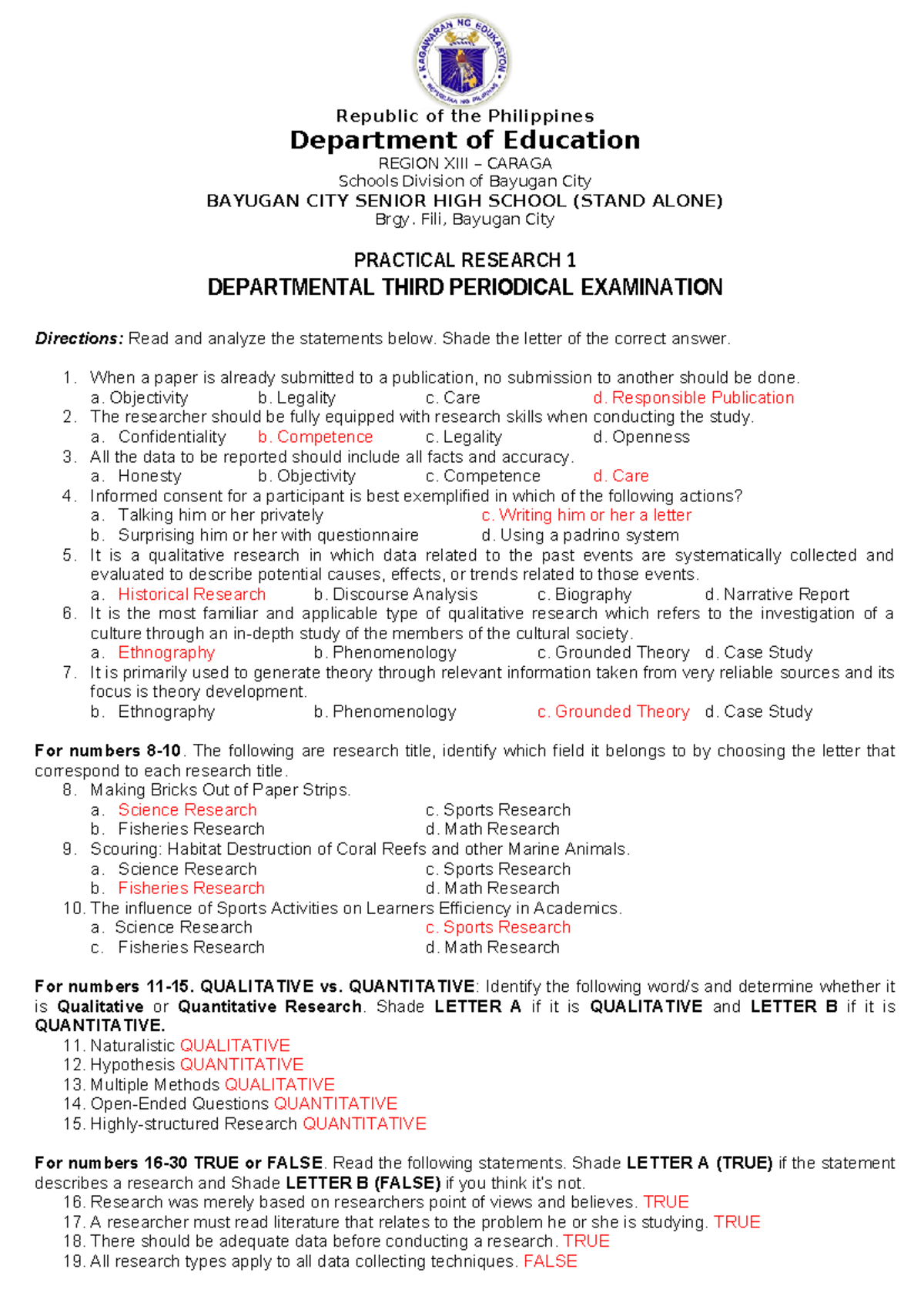 PR 1 3rd Quater Examination Final with answers key - Republic of the ...