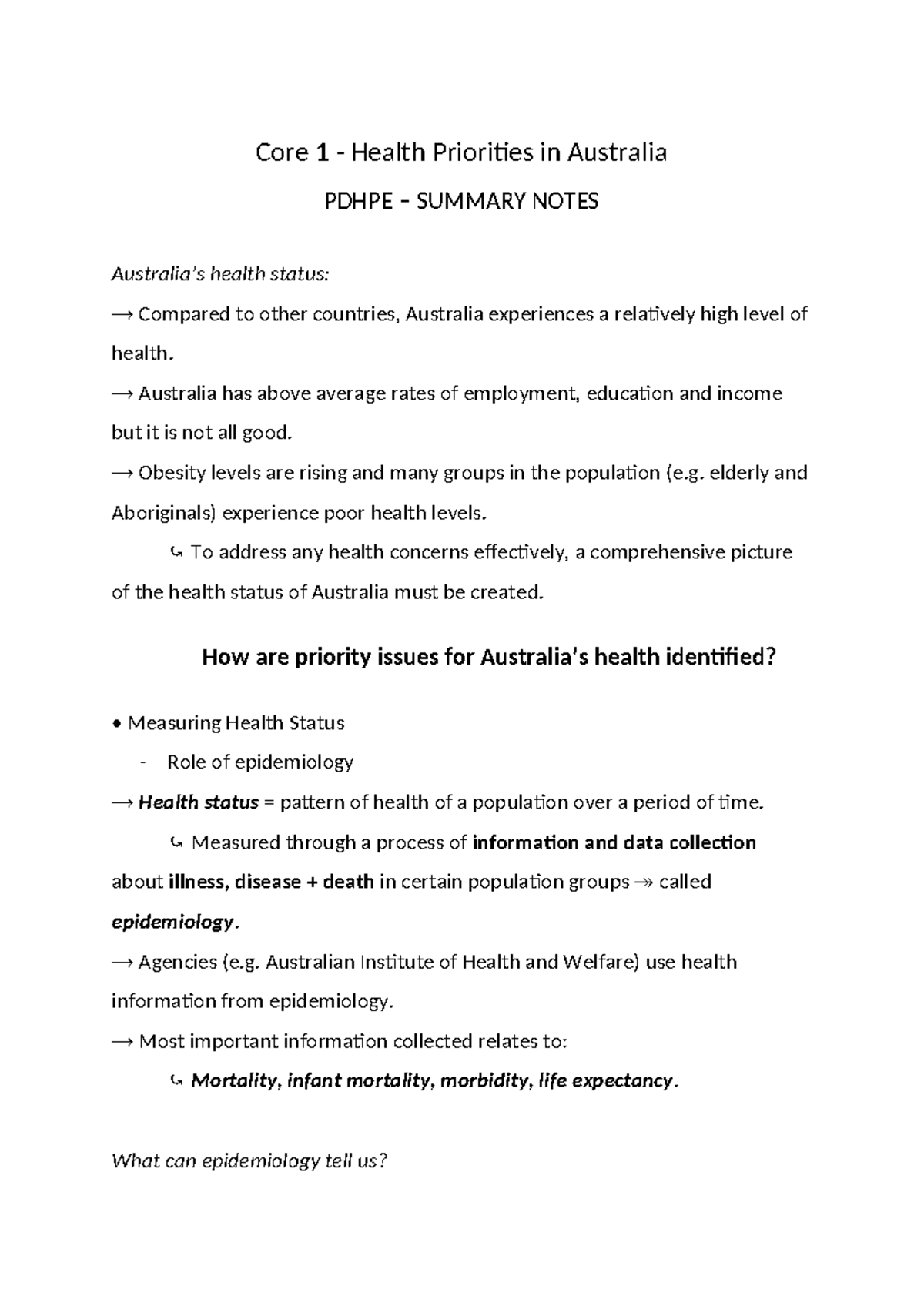 Health Priorities IN Australia - Summary Notes - Core 1 - Health ...