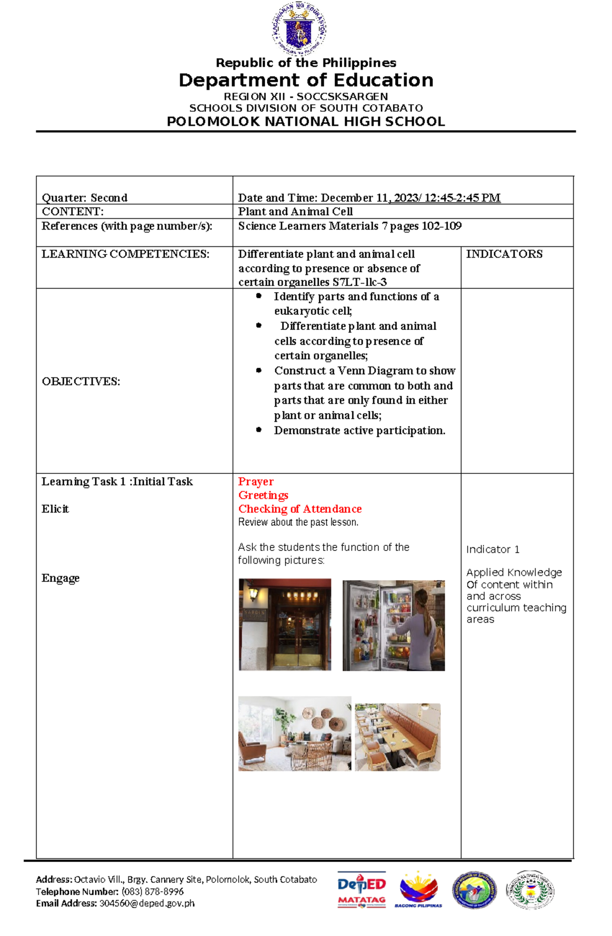 plant and animal cell lesson plan - Department of Education REGION XII ...