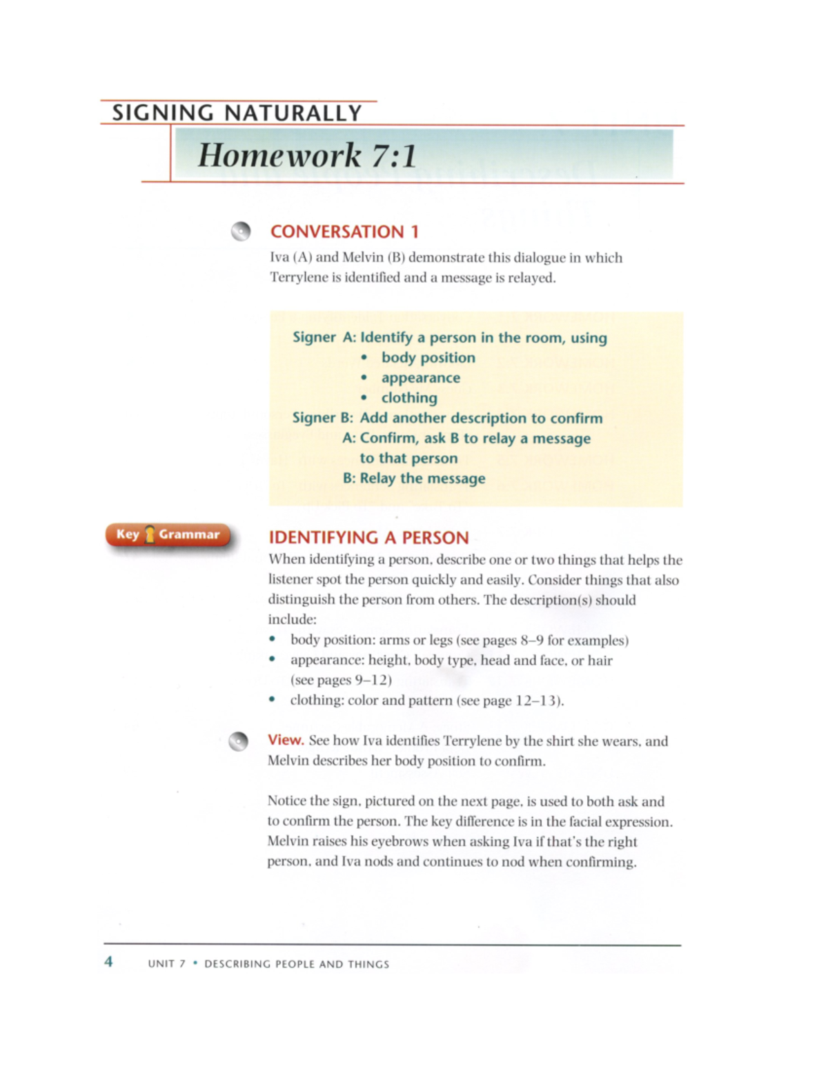 Unit 7.1 to 7.3 workbook - SIGNING NATURALLY Homework 7:1 CONVERSATION ...